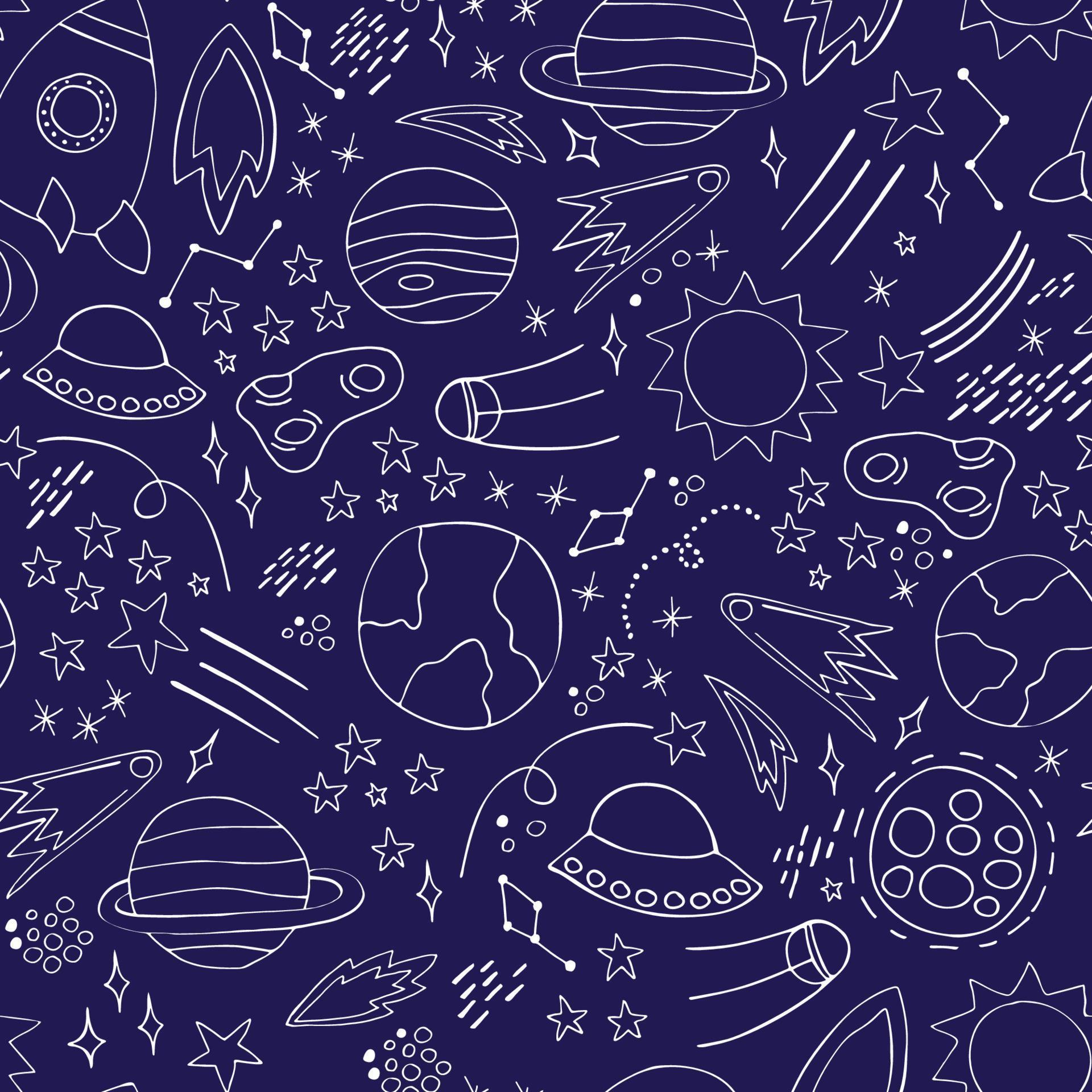 Space planets asteroids rocket ufo meteorite star night sky. Vector seamless pattern. Space ...