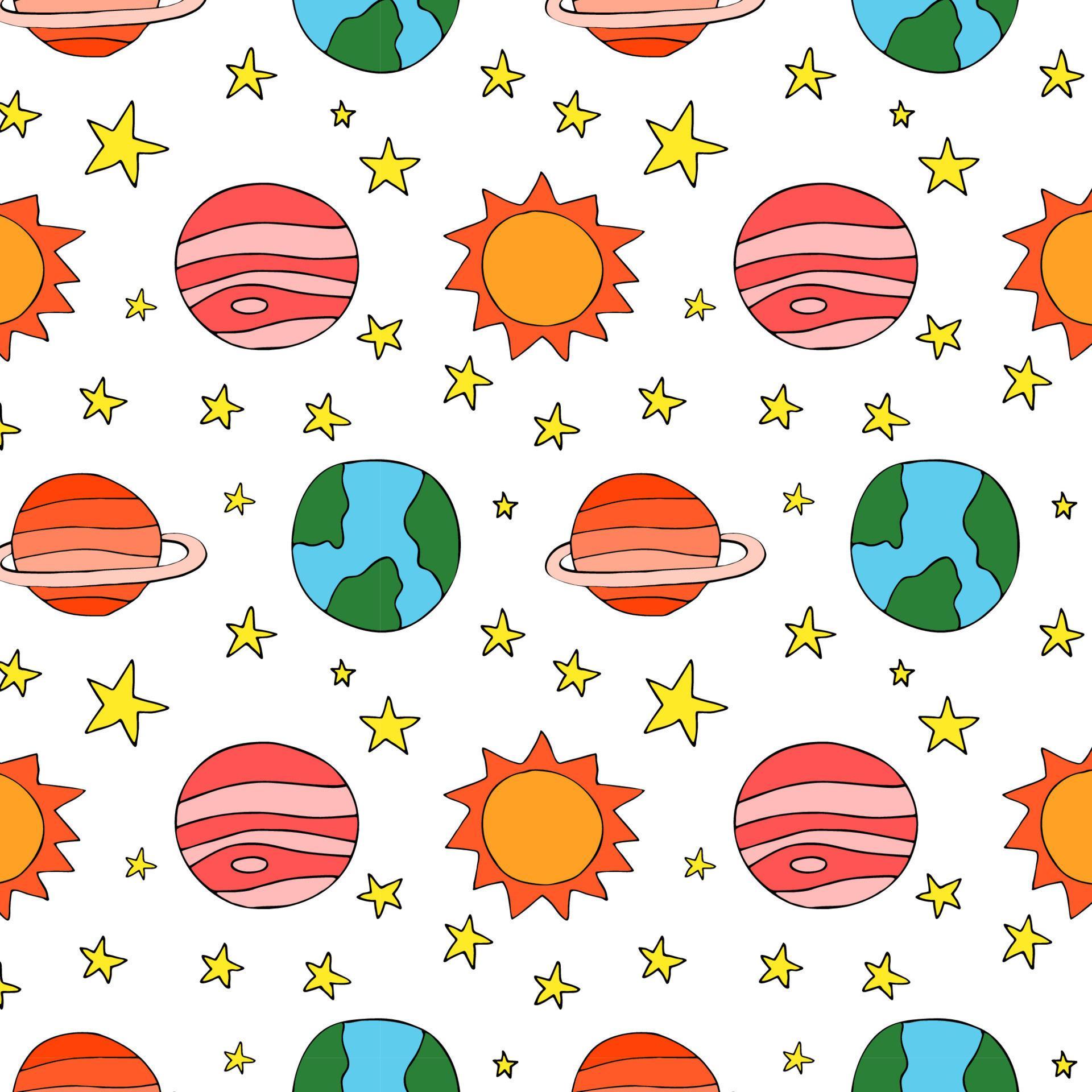 Space planets asteroids rocket ufo meteorite star night sky. Vector seamless pattern. Space ...