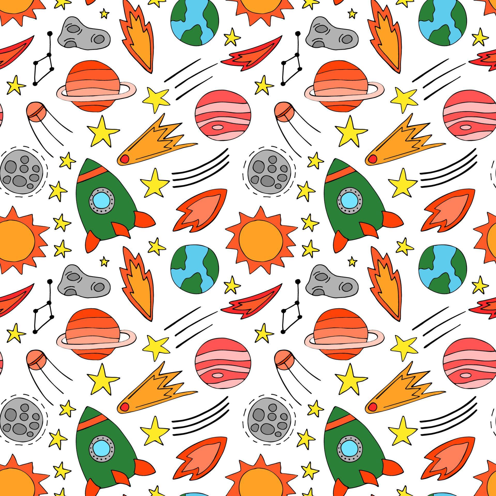 Space planets asteroids rocket ufo meteorite star night sky. Vector seamless pattern. Space ...