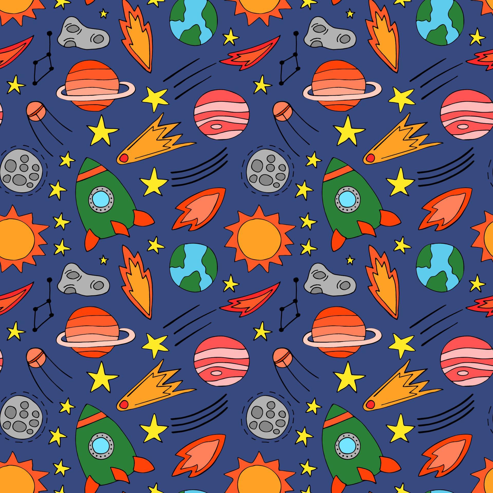 Space planets asteroids rocket ufo meteorite star night sky. Vector seamless pattern. Space ...