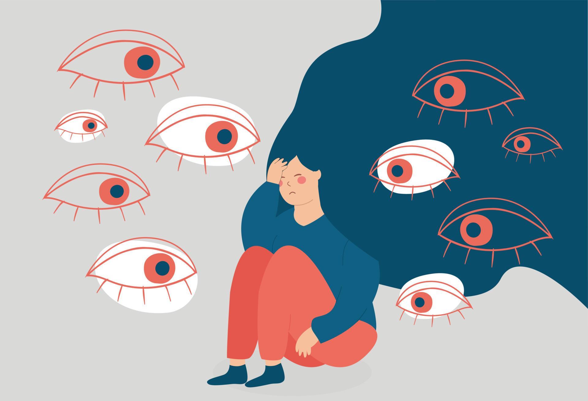 La Mujer Joven Rodeada De Grandes Ojos Malvados Se Siente Impotente