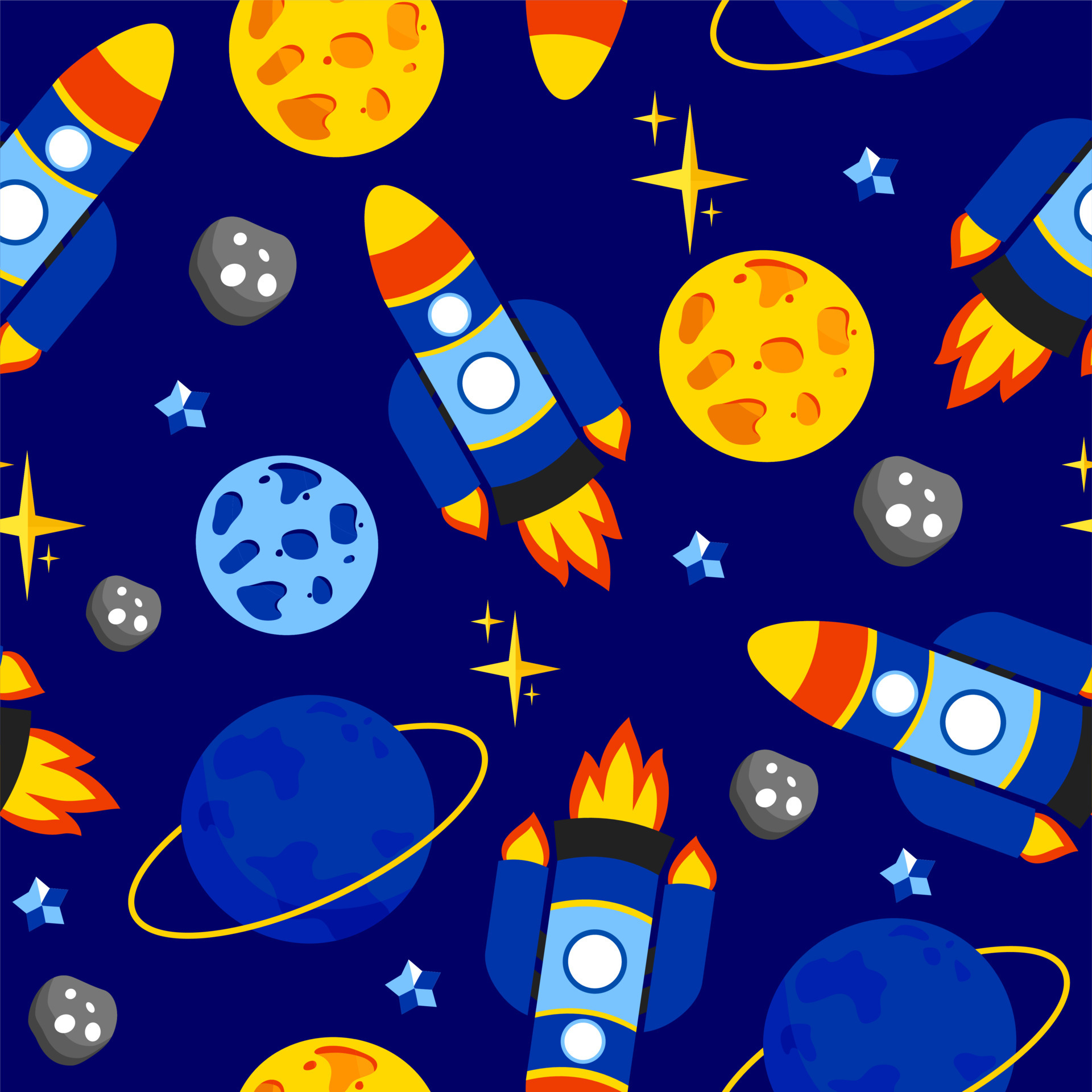 Rocket pattern with a planet stars and asteroids on a dark blue ...
