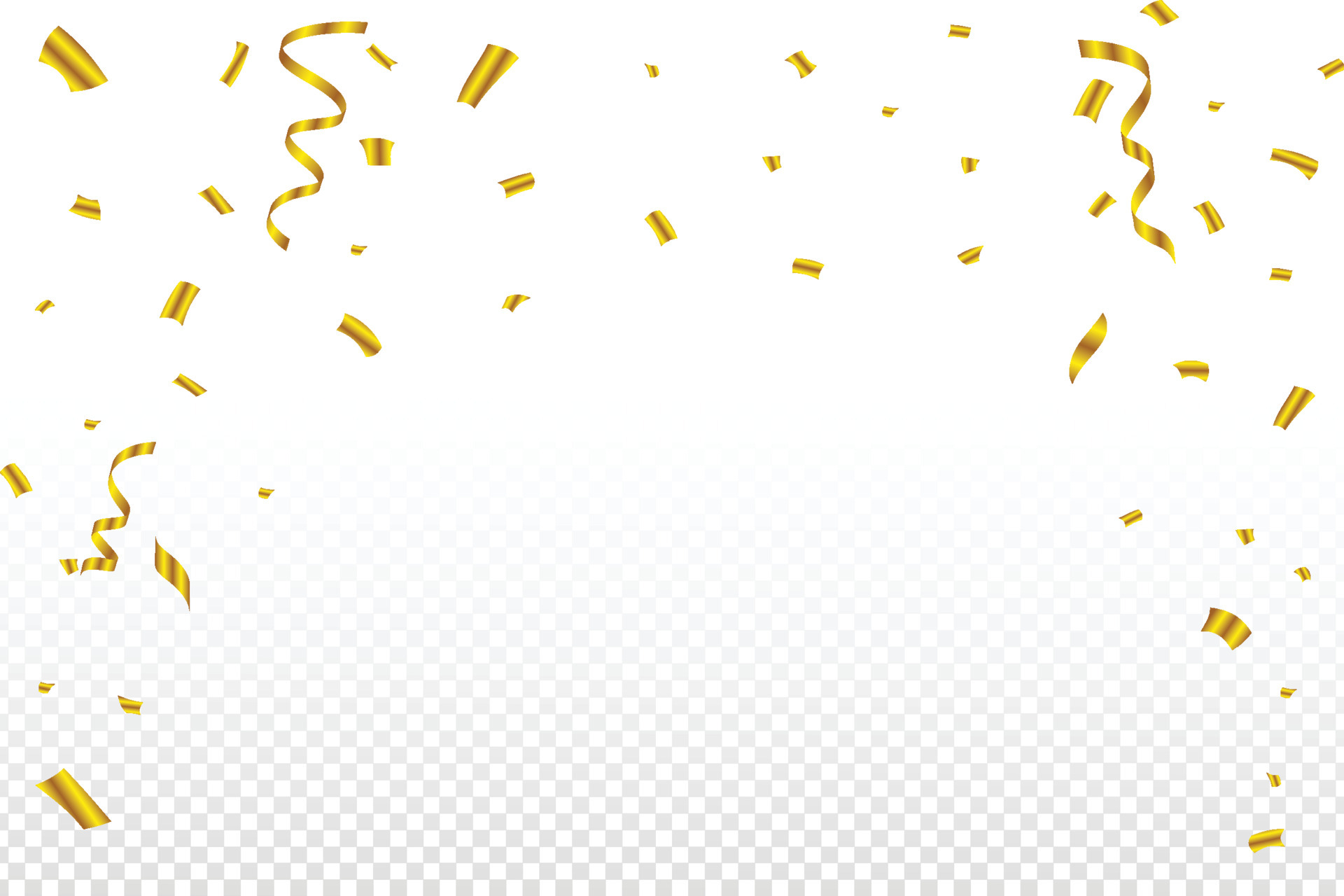 Golden confetti and ribbon falling isolated on transparent background. Festival elements vector ...