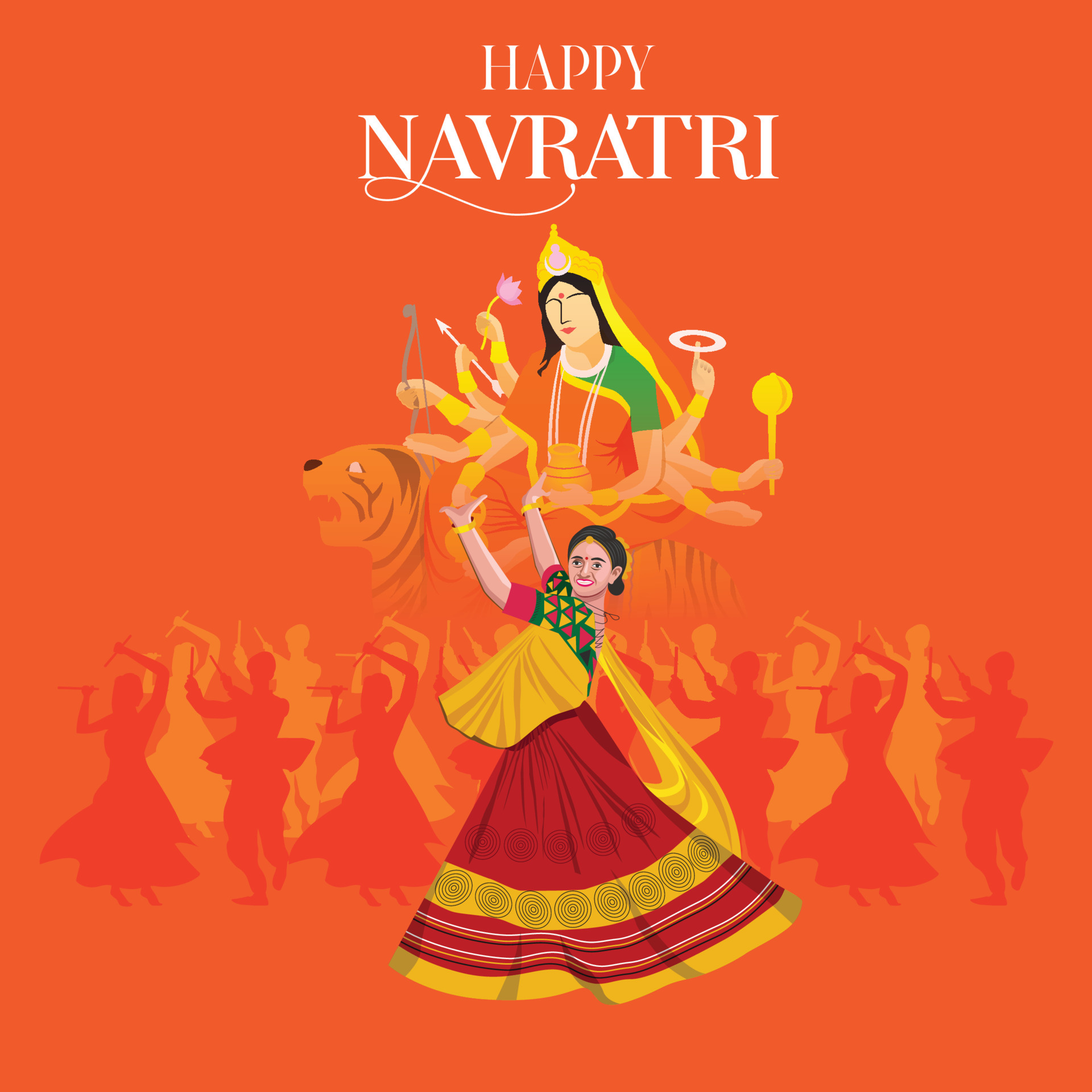illustration of Goddess Durga Face For Happy Navratri, Couple Playing Garba and Dandiya in ...