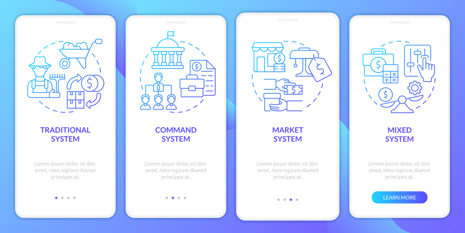 Economic System Types Blue Gradient Onboarding Mobile App Screen Walkthrough 4 Steps Graphic