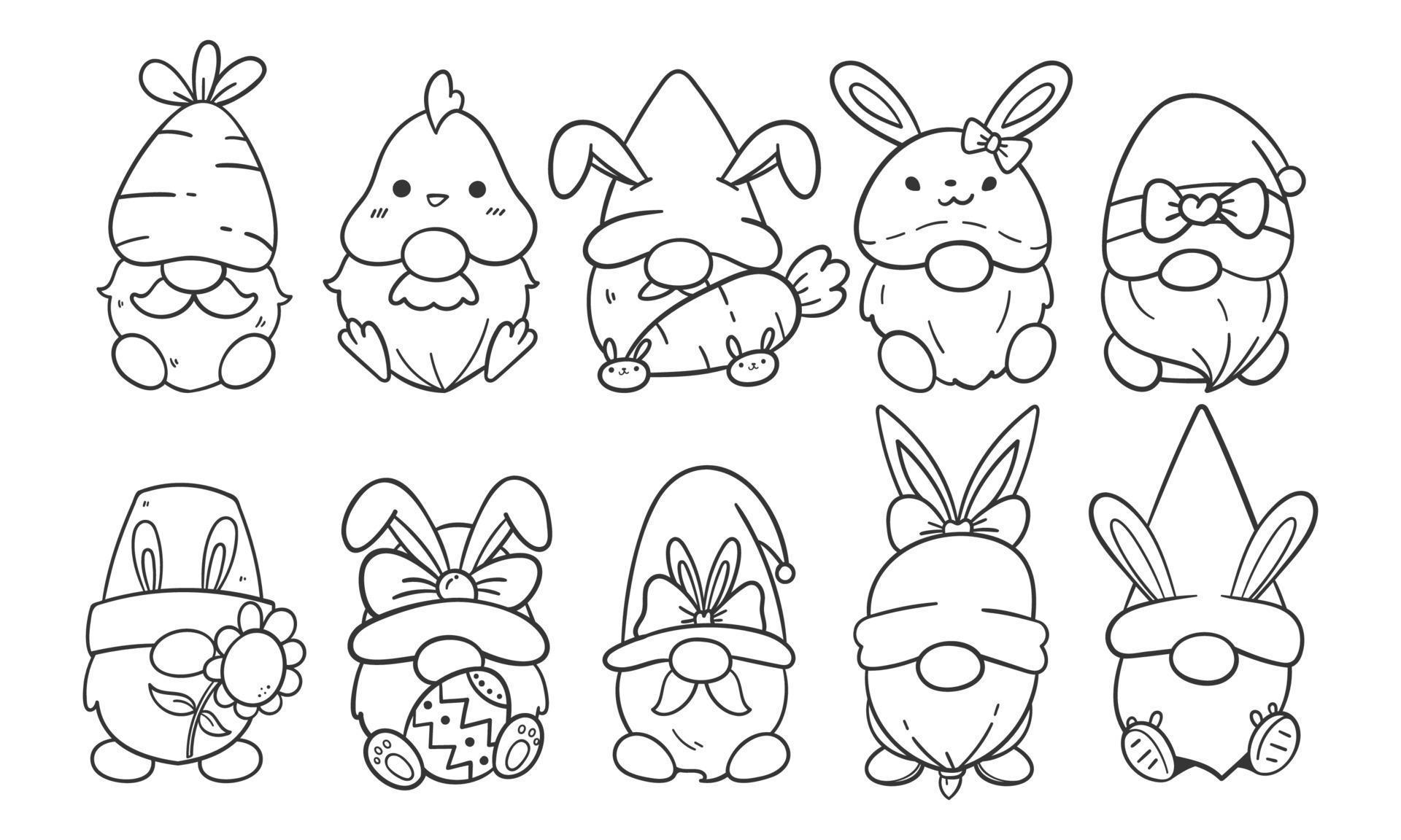 Line art cartoon Easter gnomes holding eggs decorate coloring book for ...