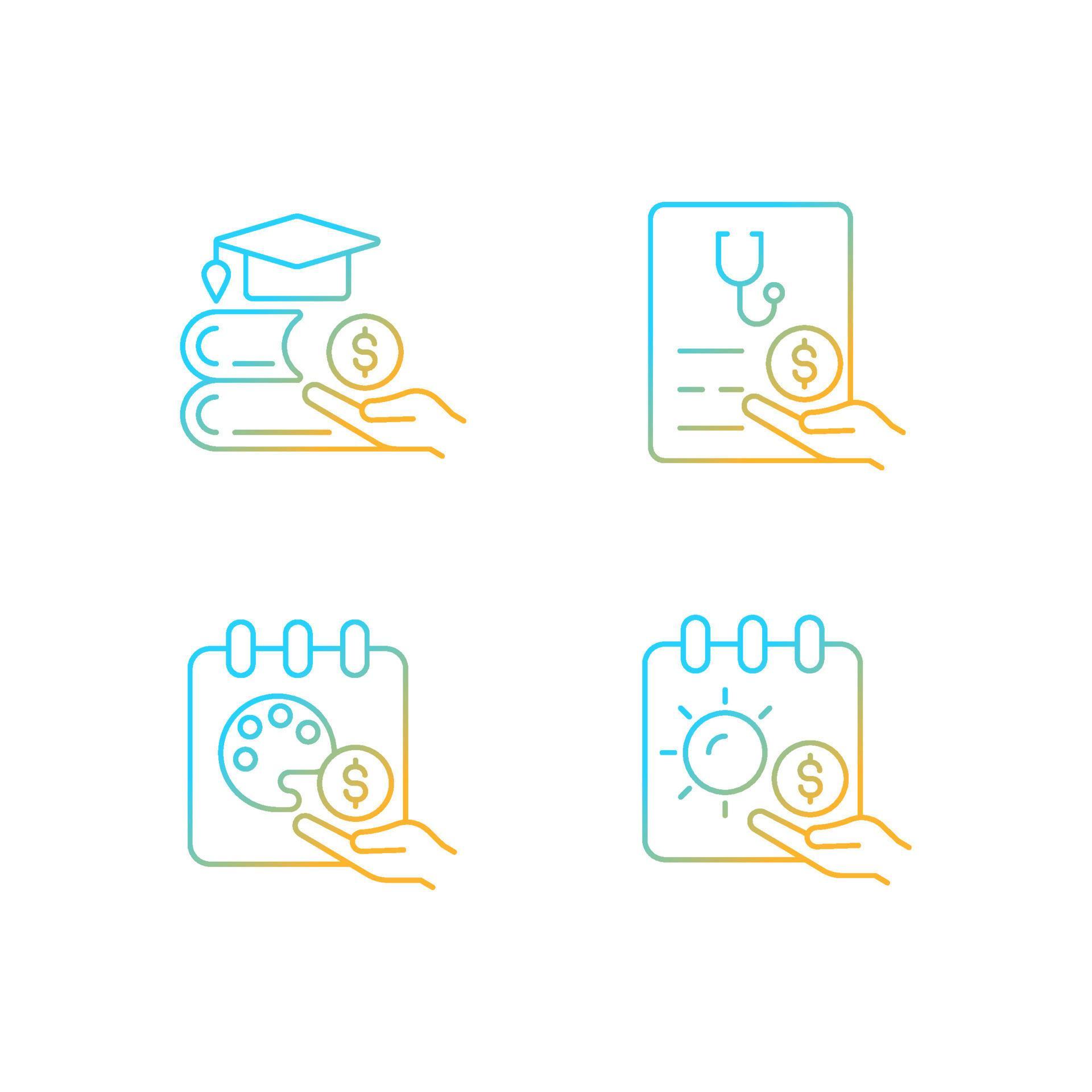 Workplace wellbeing benefits gradient linear vector icons set. Tuition ... Workplace wellbeing benefits gradient linear vector icons set. Tuition ...