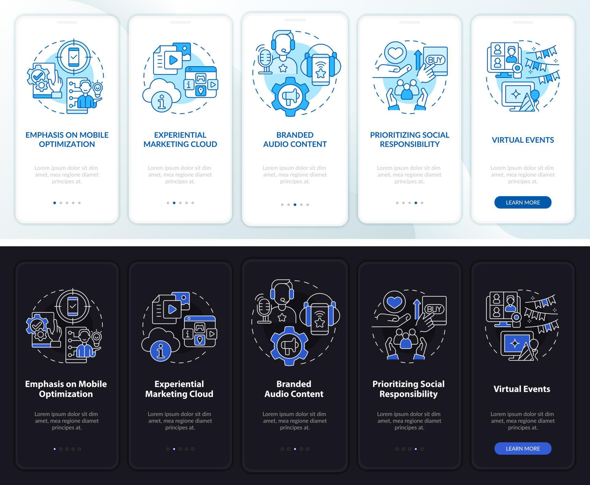 Marketing Trends Kinds Night And Day Mode Onboarding Mobile App Screen Walkthrough 5 Steps
