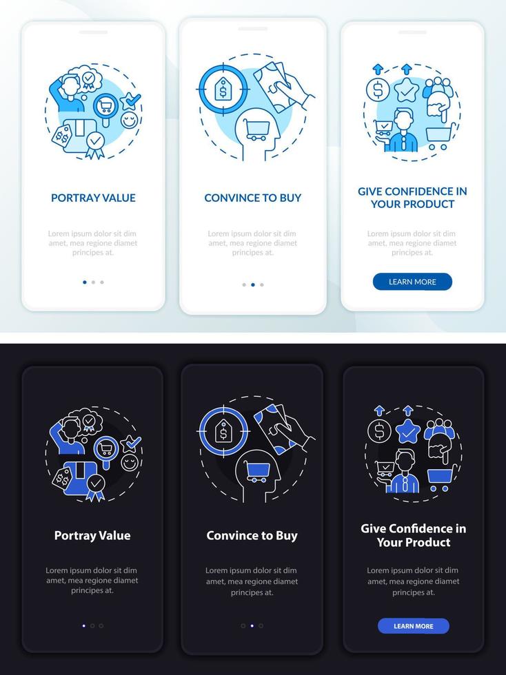 Smart Pricing Strategy Night And Day Mode Onboarding Mobile App Screen Walkthrough 3 Steps