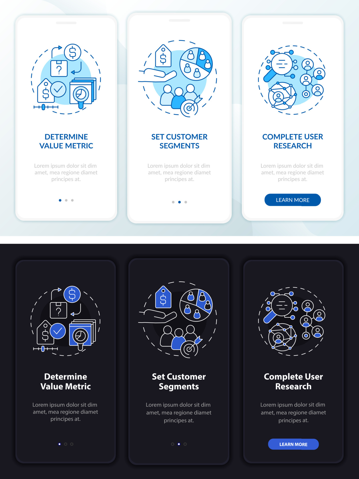 Building Price Strategy Night And Day Mode Onboarding Mobile App Screen Walkthrough 3 Steps