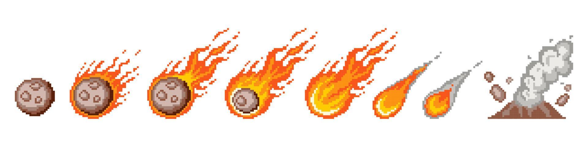Stages of burning and falling pixel meteorite set. Burning asteroid is gradually turning into ...