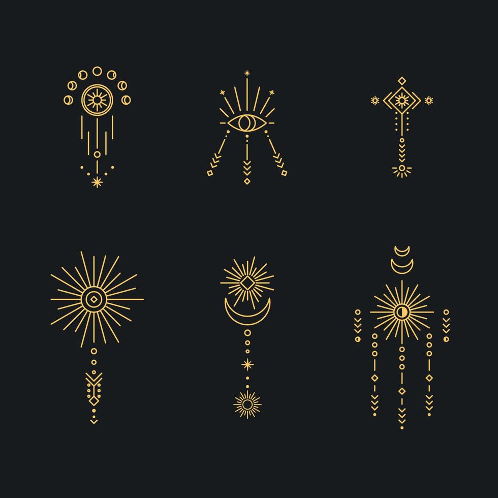 Set Of Moon And Sun Line Art Minimal Boho Linear Symbols Celestial Mystic Element Vector Line