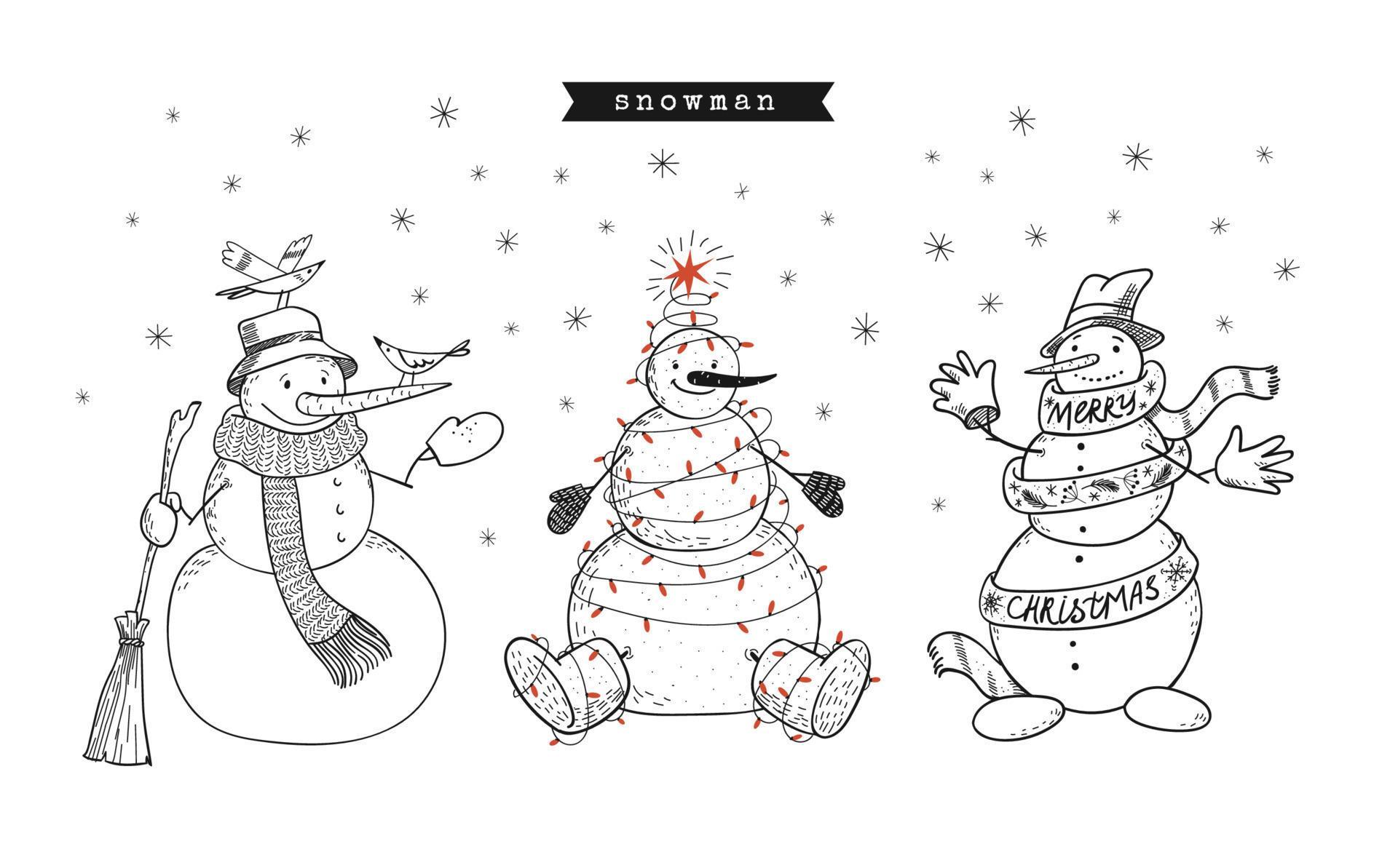 Hand drawn doodle set of snowmen. Winter holidays. Decorated snowmen ...