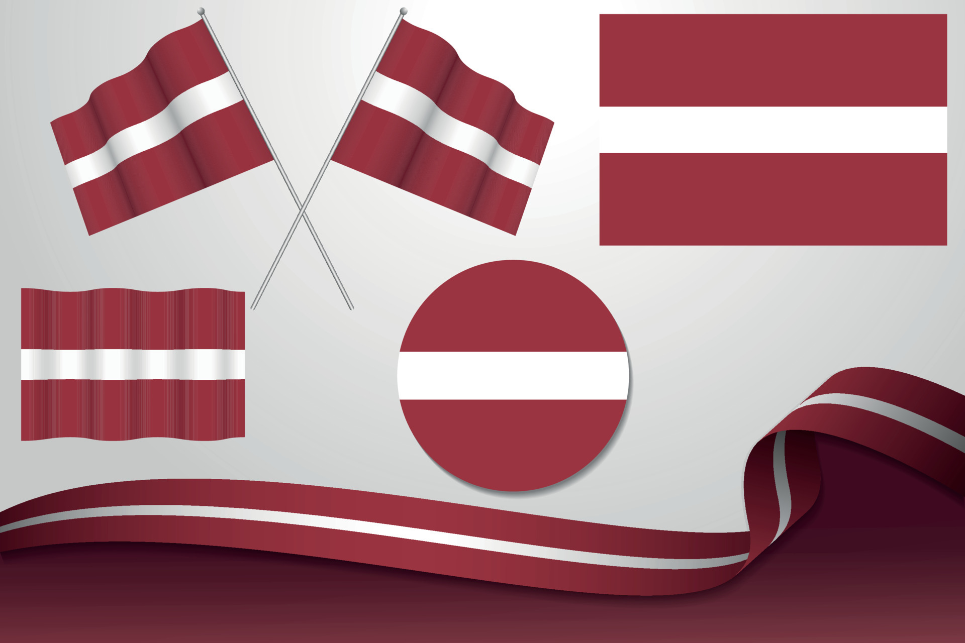 Set Of Latvia Flags In Different Designs, Icon, Flaying Flags With ribbon With Background ...