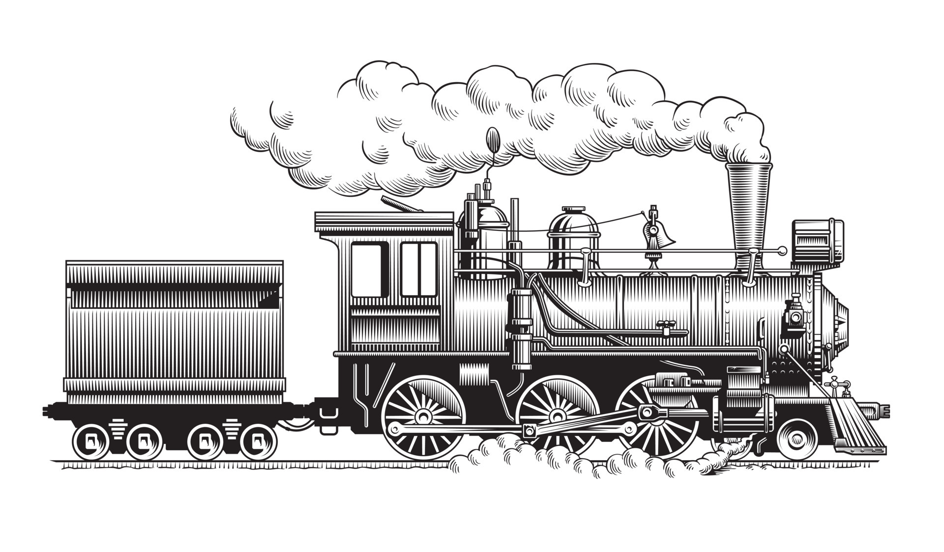 Vintage steam train locomotive, side view. Old railroad engraving style hand drawn vector ...