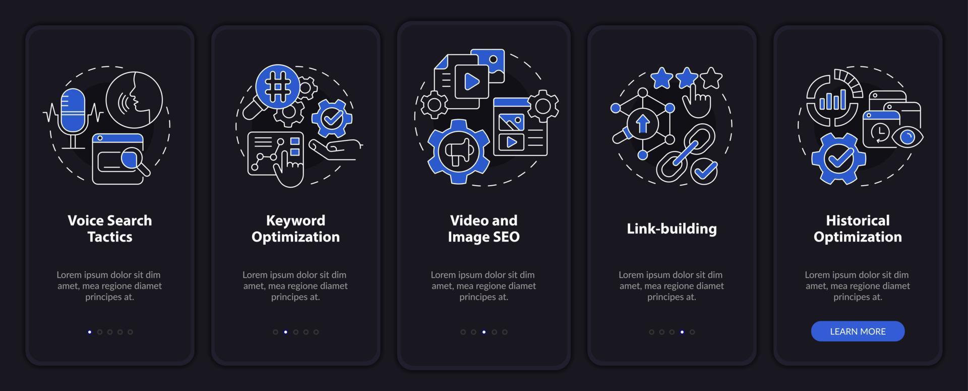 Seo Marketing Trends Night Mode Onboarding Mobile App Screen Digital Walkthrough 5 Steps