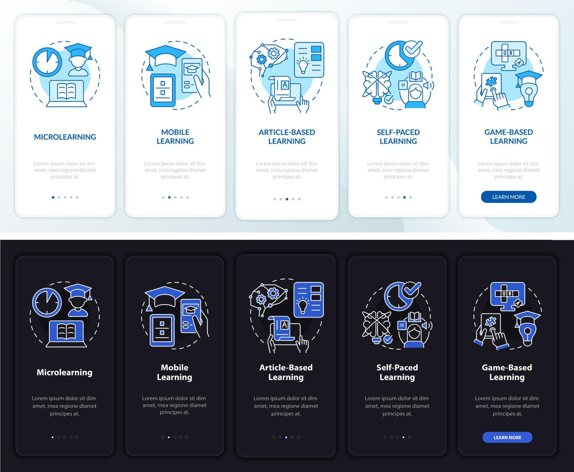 Elearning Methods Night And Day Mode Onboarding Mobile App Screen Walkthrough 5 Steps Graphic