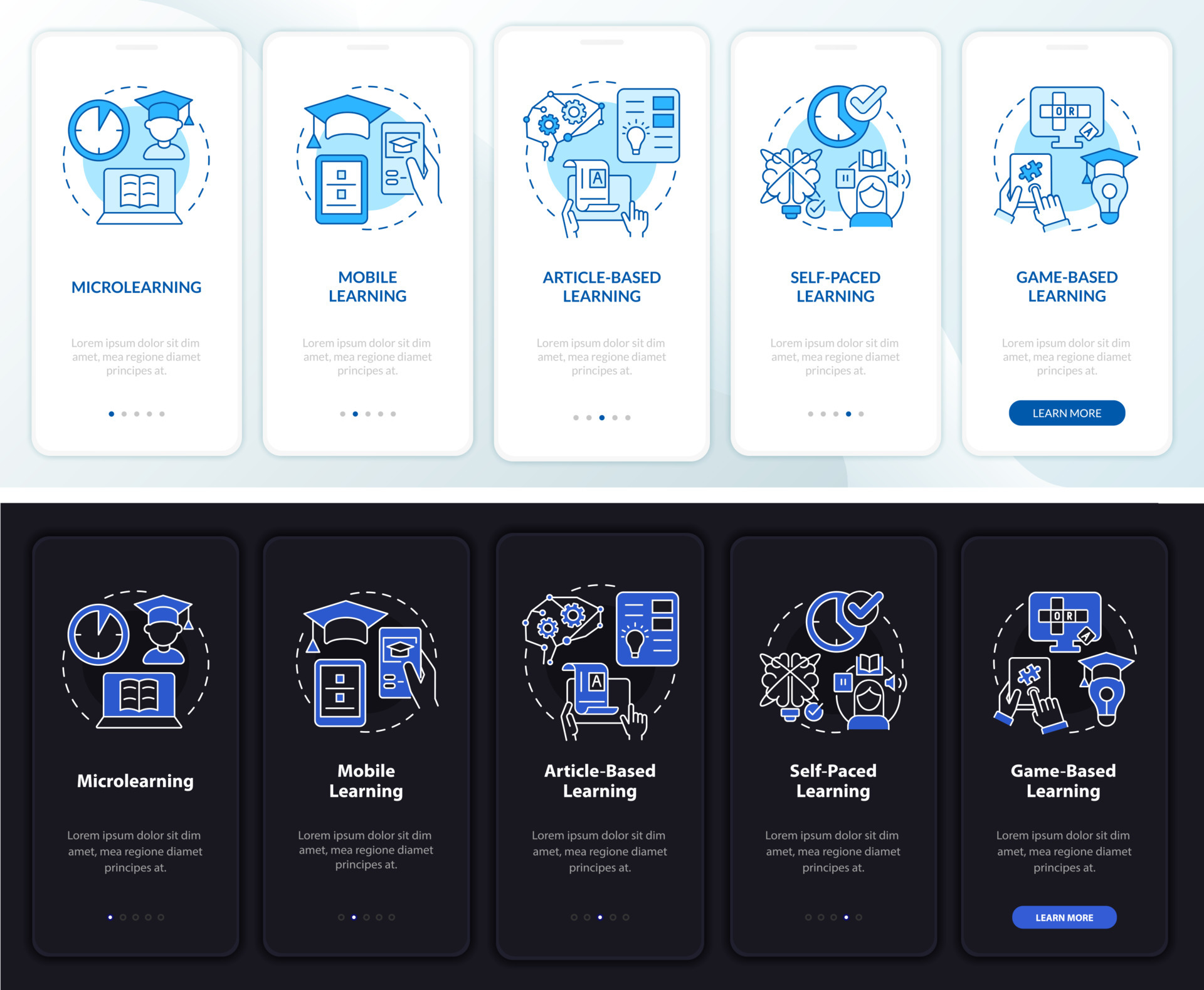 Elearning Methods Night And Day Mode Onboarding Mobile App Screen Walkthrough 5 Steps Graphic