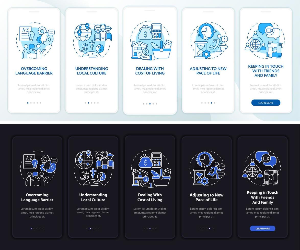 Expats Struggles Dark Light Onboarding Mobile App Page Screen Walkthrough 5 Steps Graphic