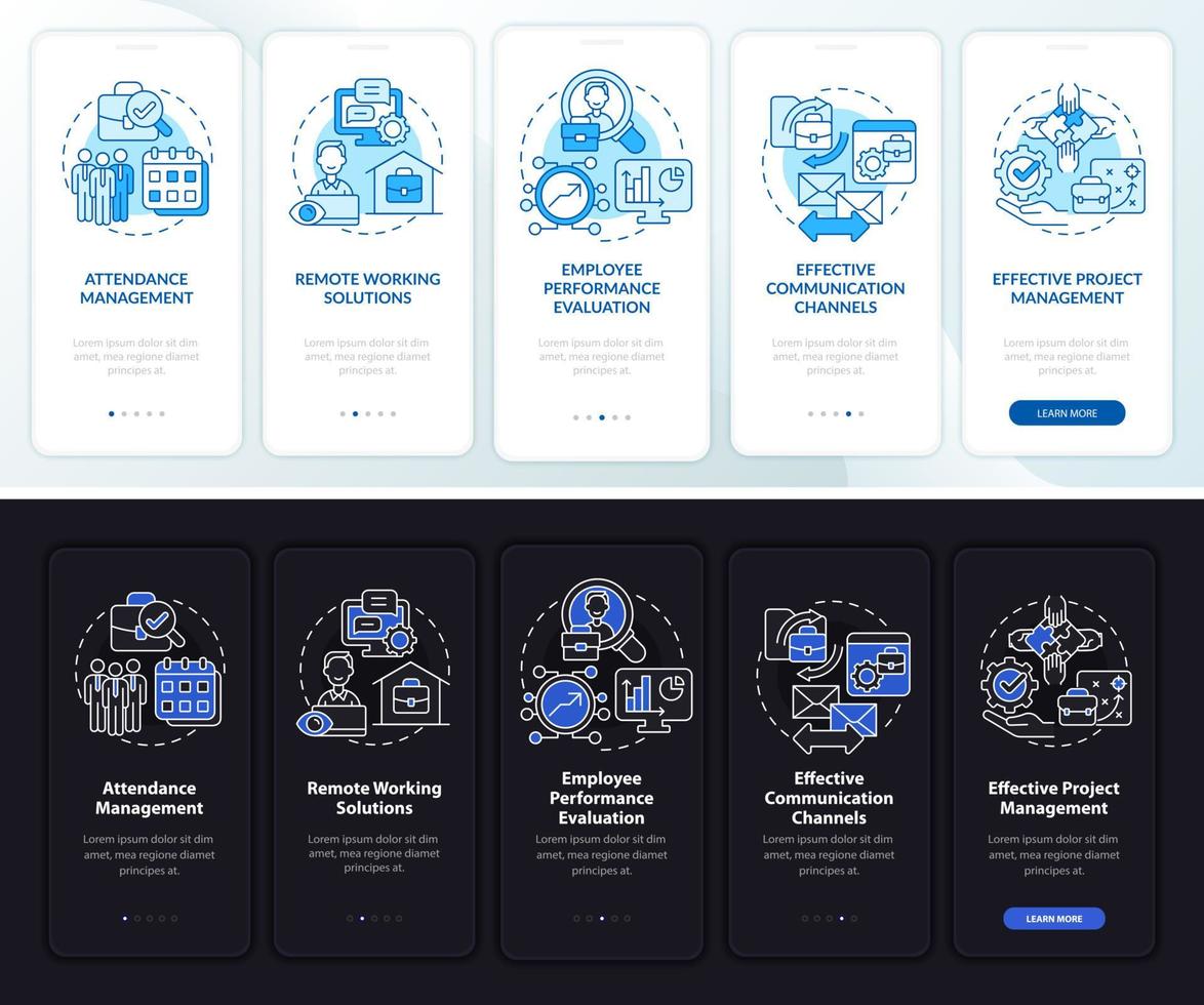Employee Monitoring Pros Dark Light Onboarding Mobile App Page Screen Work Walkthrough 5 Steps