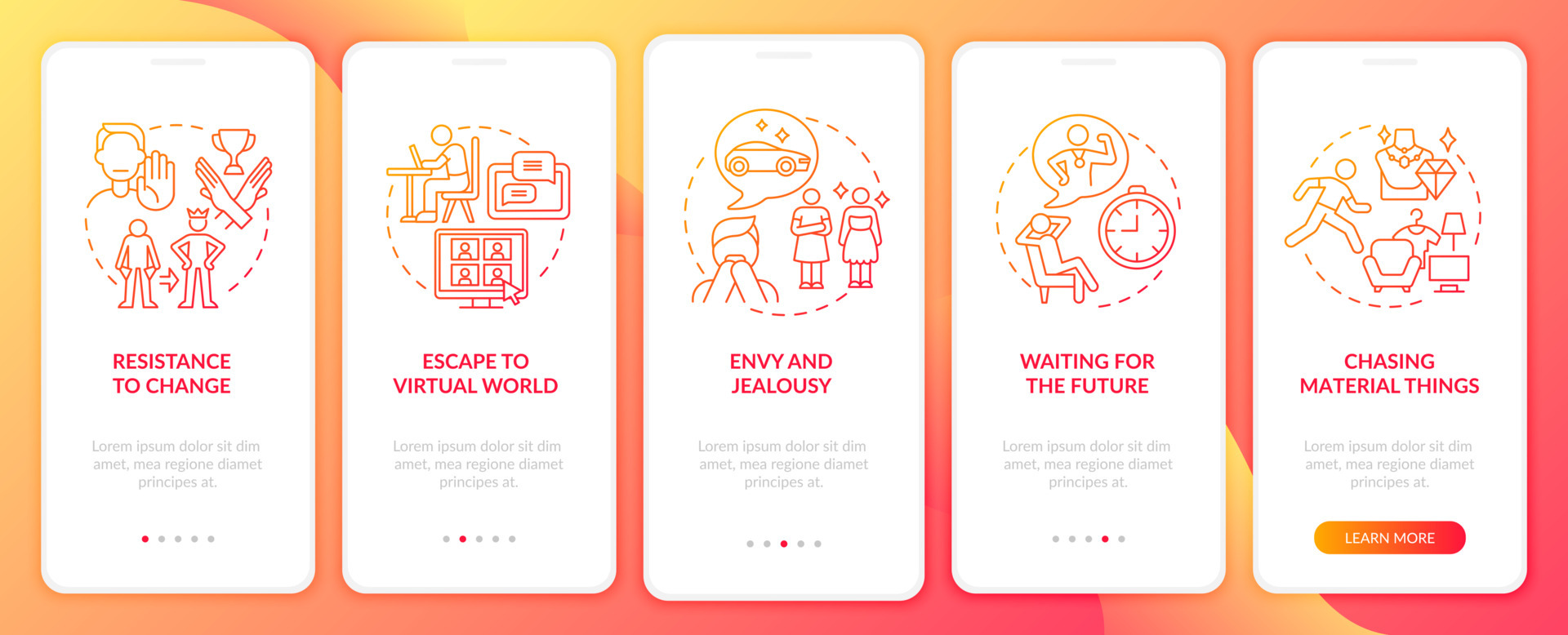 Obstacles To Happiness Mindset Red Gradient Onboarding Mobile App Page Screen Walkthrough 5