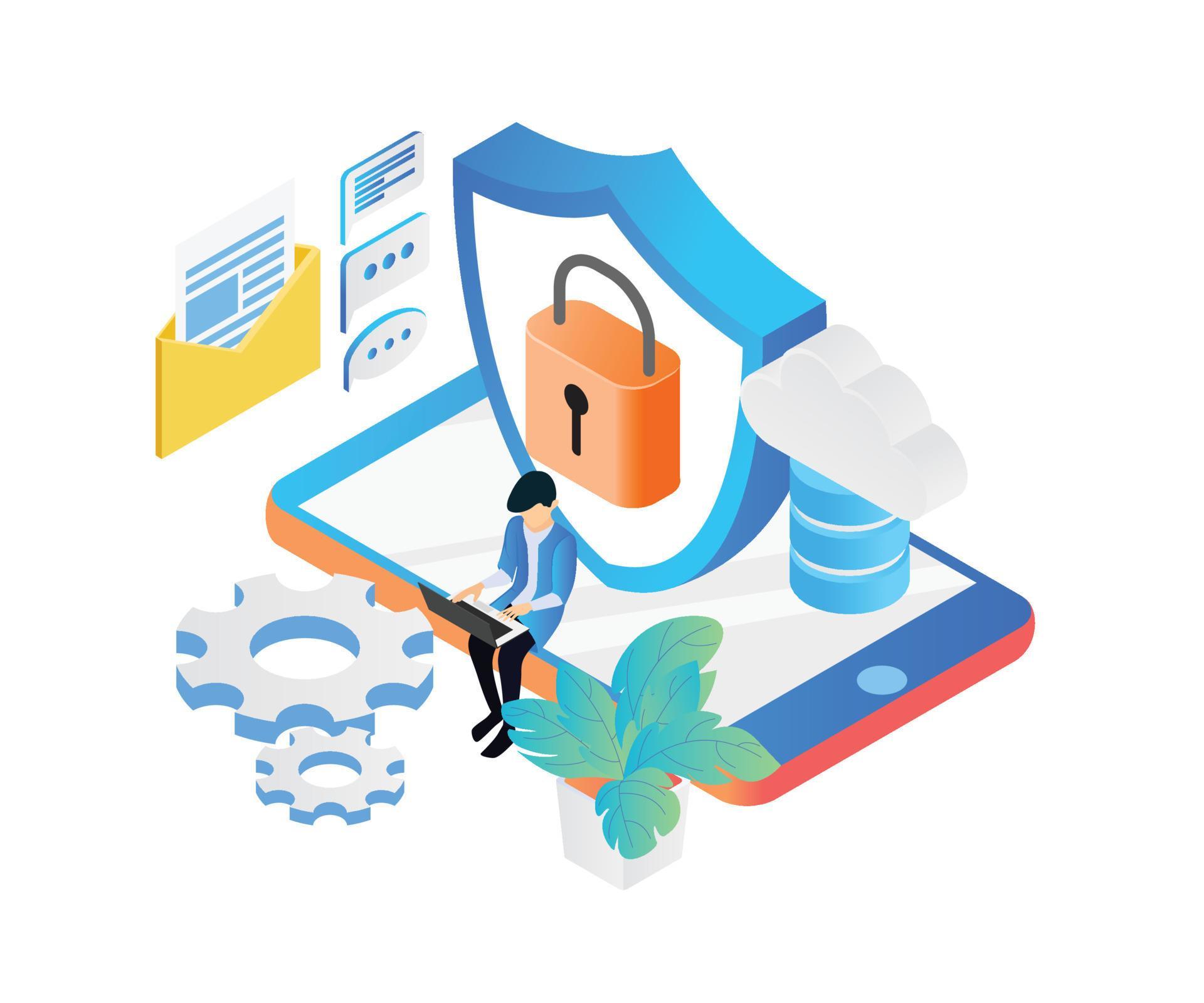 Isometric style illustration of security cloud data storage with big ...