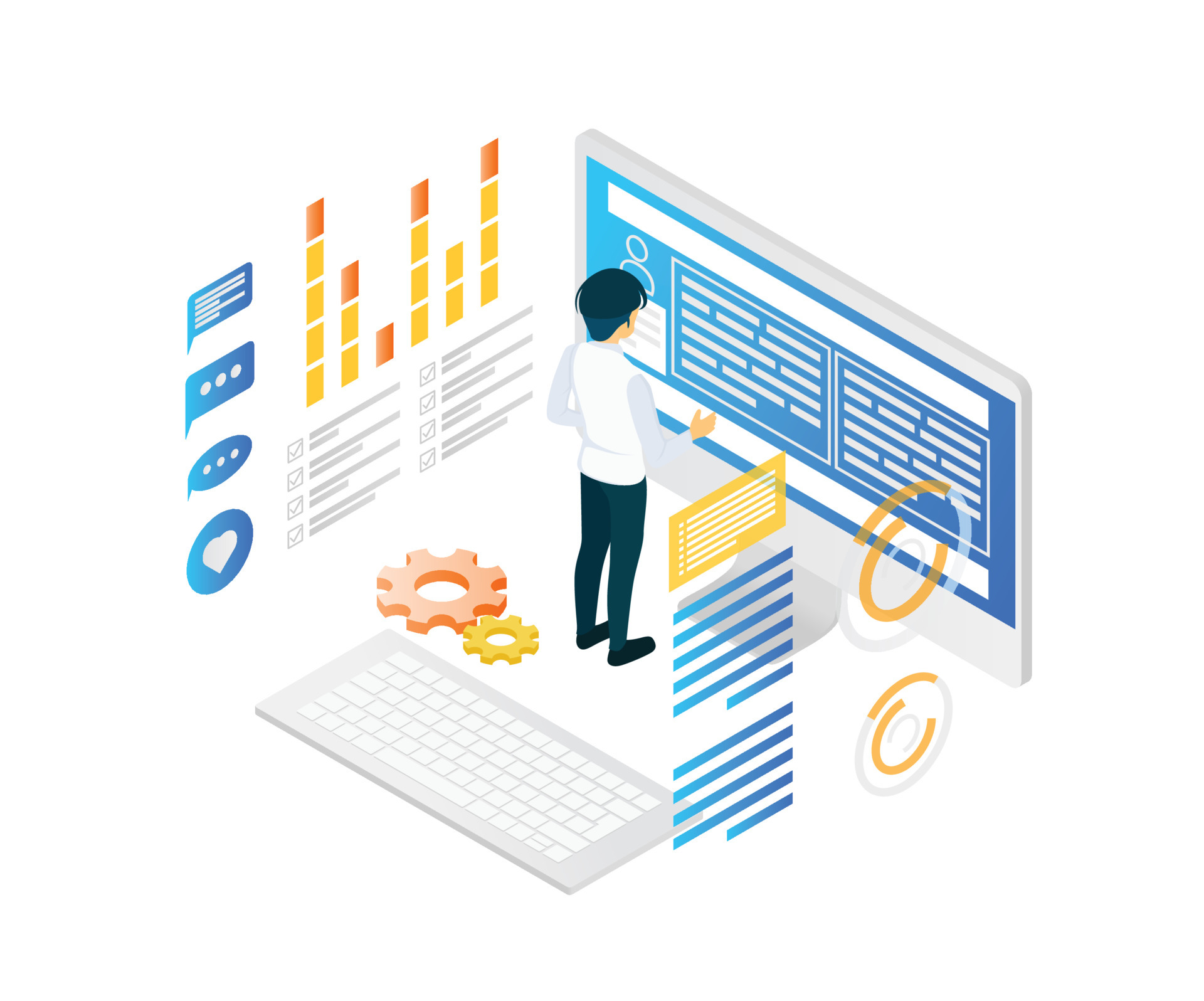 Isometric Style Illustration Of Programmer Coding Analysis With Computer And Characters 6470809