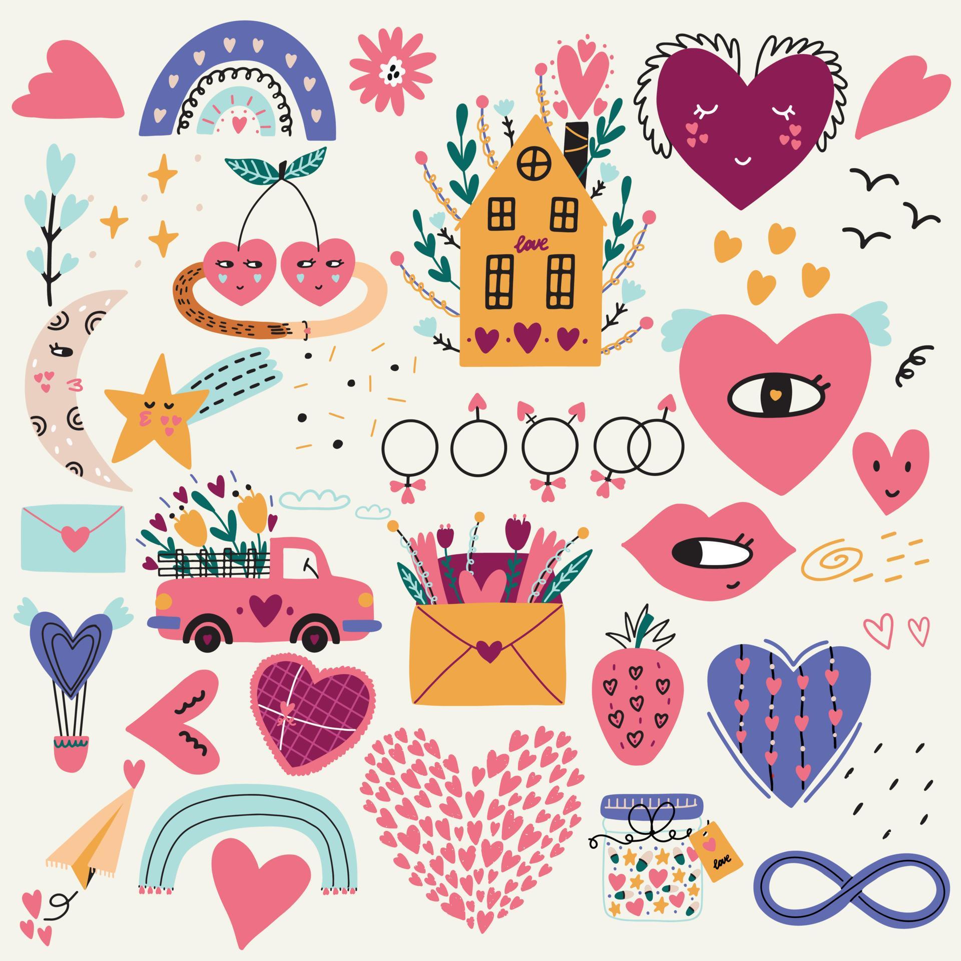 Set Valentines Day vector doodle hand drawn clipart 6482184 Vector Art ...