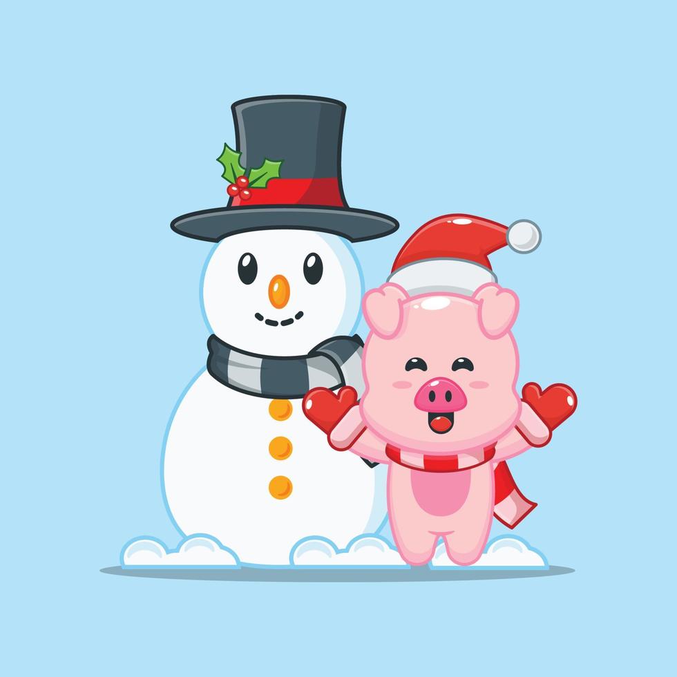 cute pig cartoon vector illustration with Snowman 6518394 Vector Art at ...
