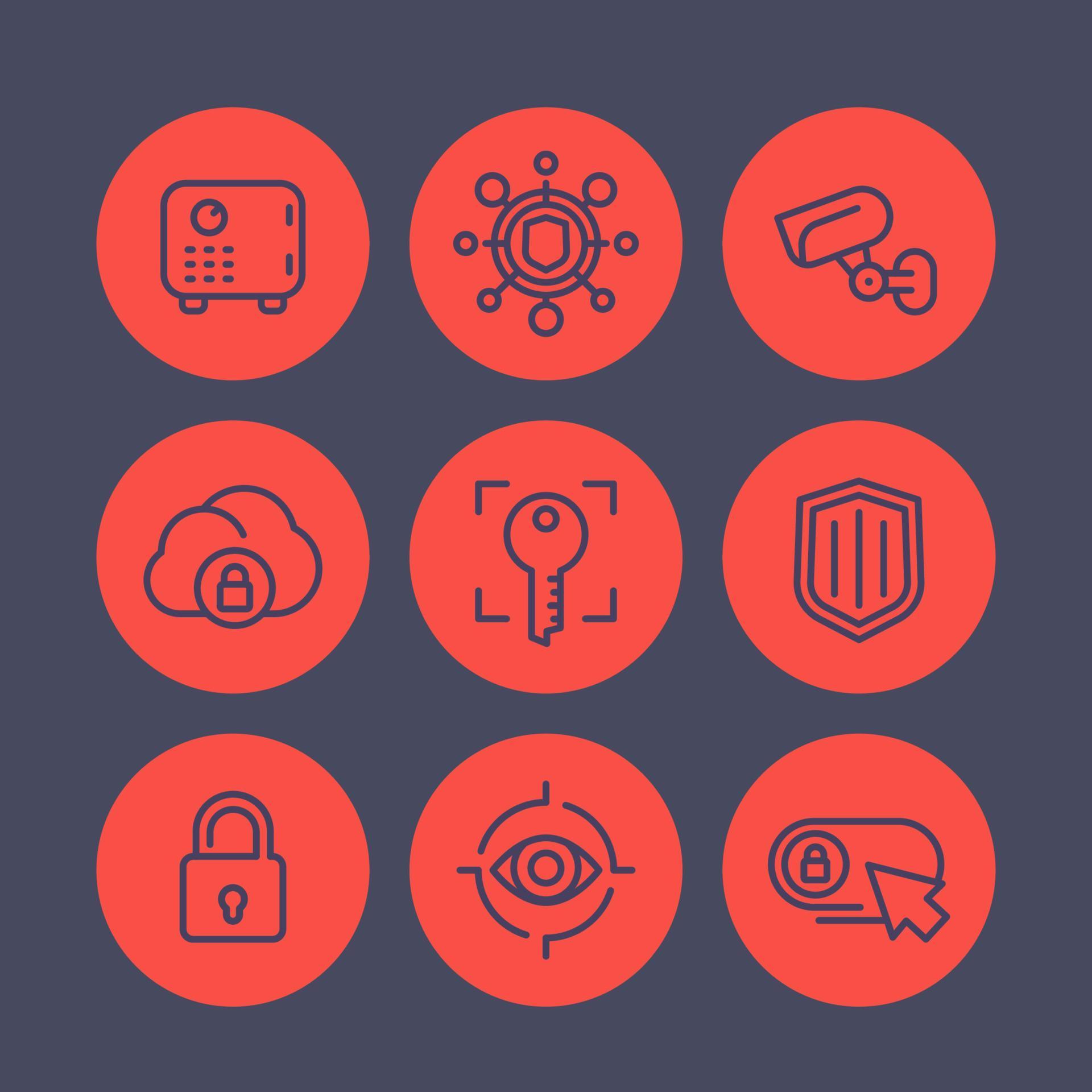 Security Line Icons Set Secure Transaction Key Lock Shield Strongbox Video Surveillance