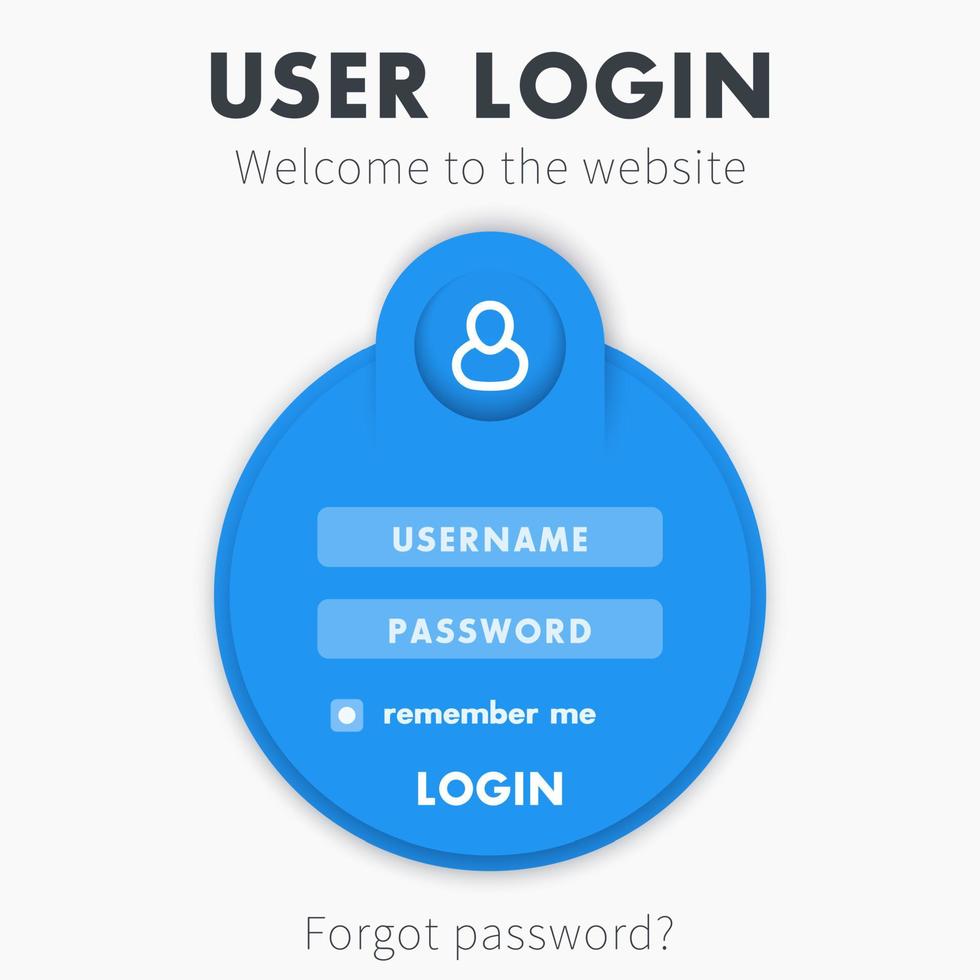 User Login window, login page design for website on round blue shape ...