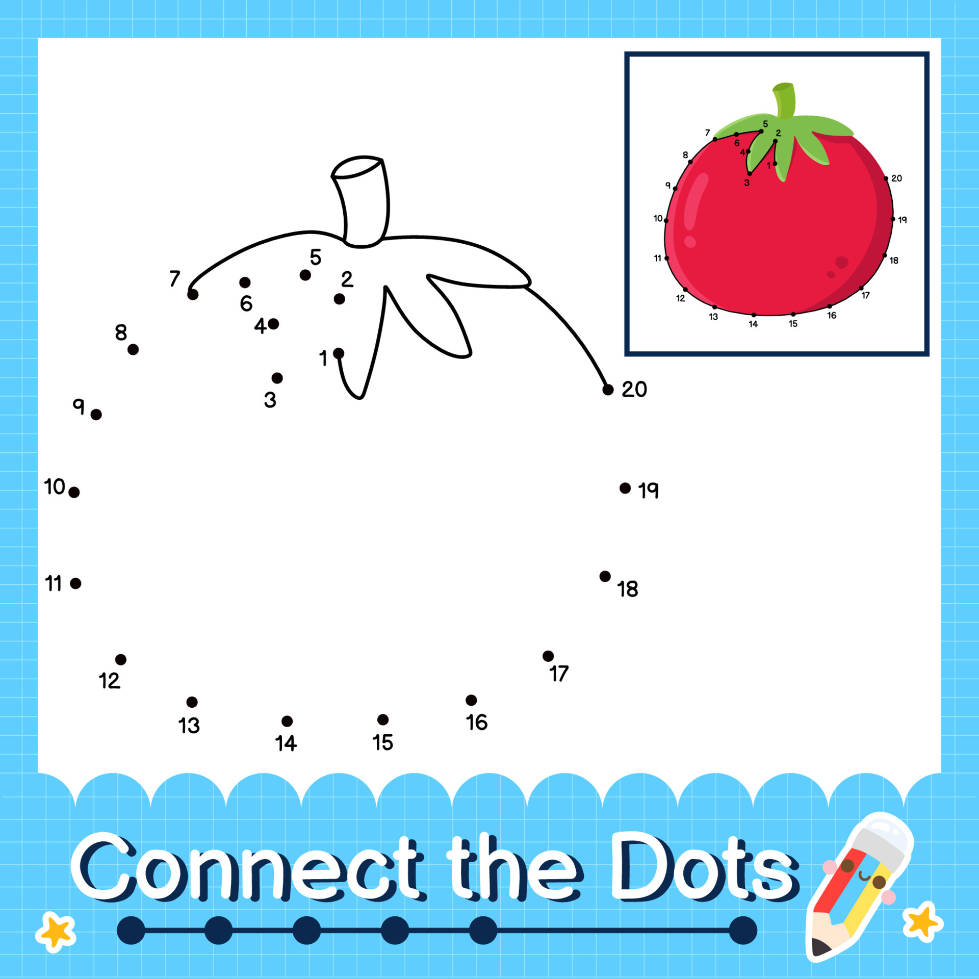 Connect the dots counting numbers 1 to 20 puzzle worksheet with Fruit ...
