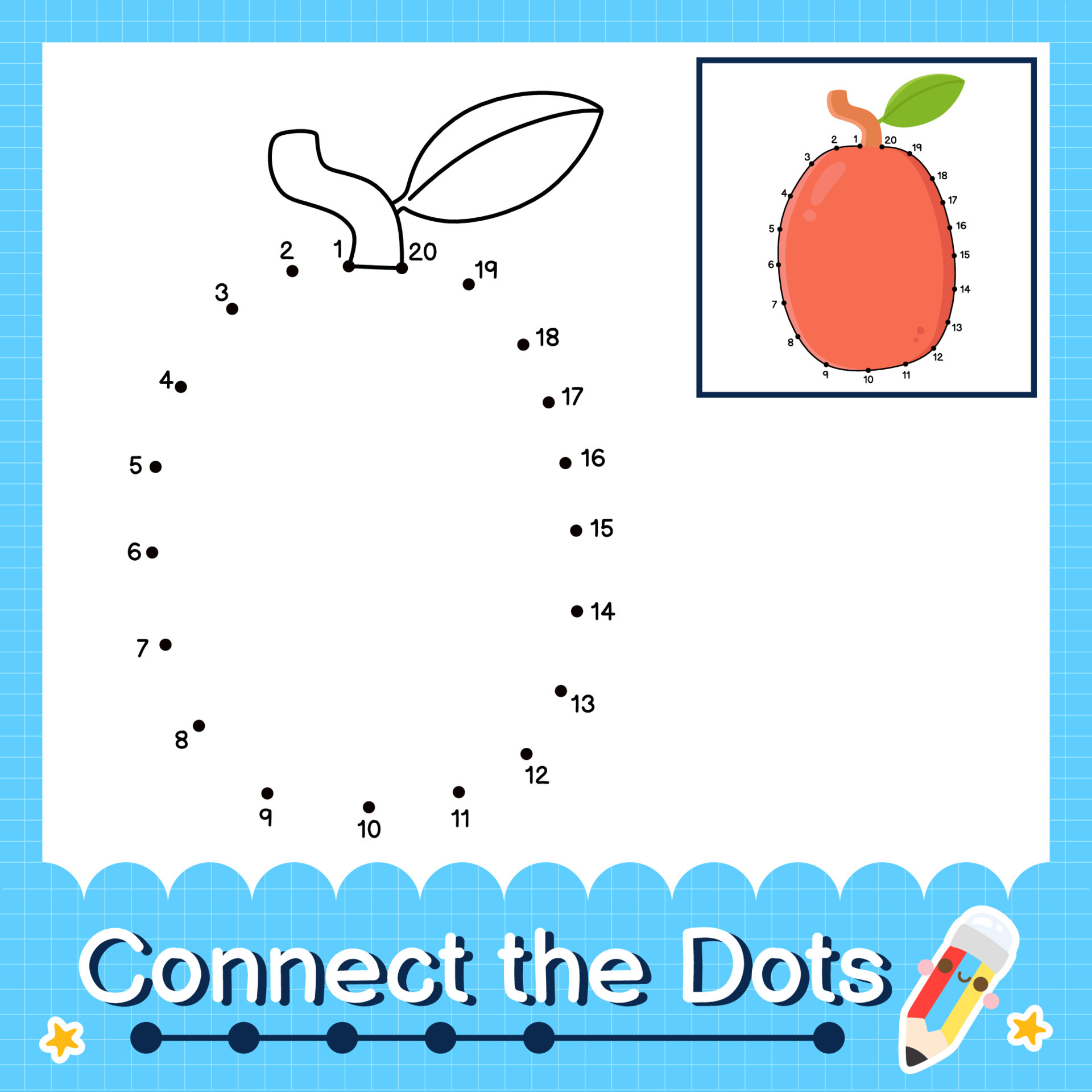 Connect the dots counting numbers 1 to 20 puzzle worksheet with Fruit ...