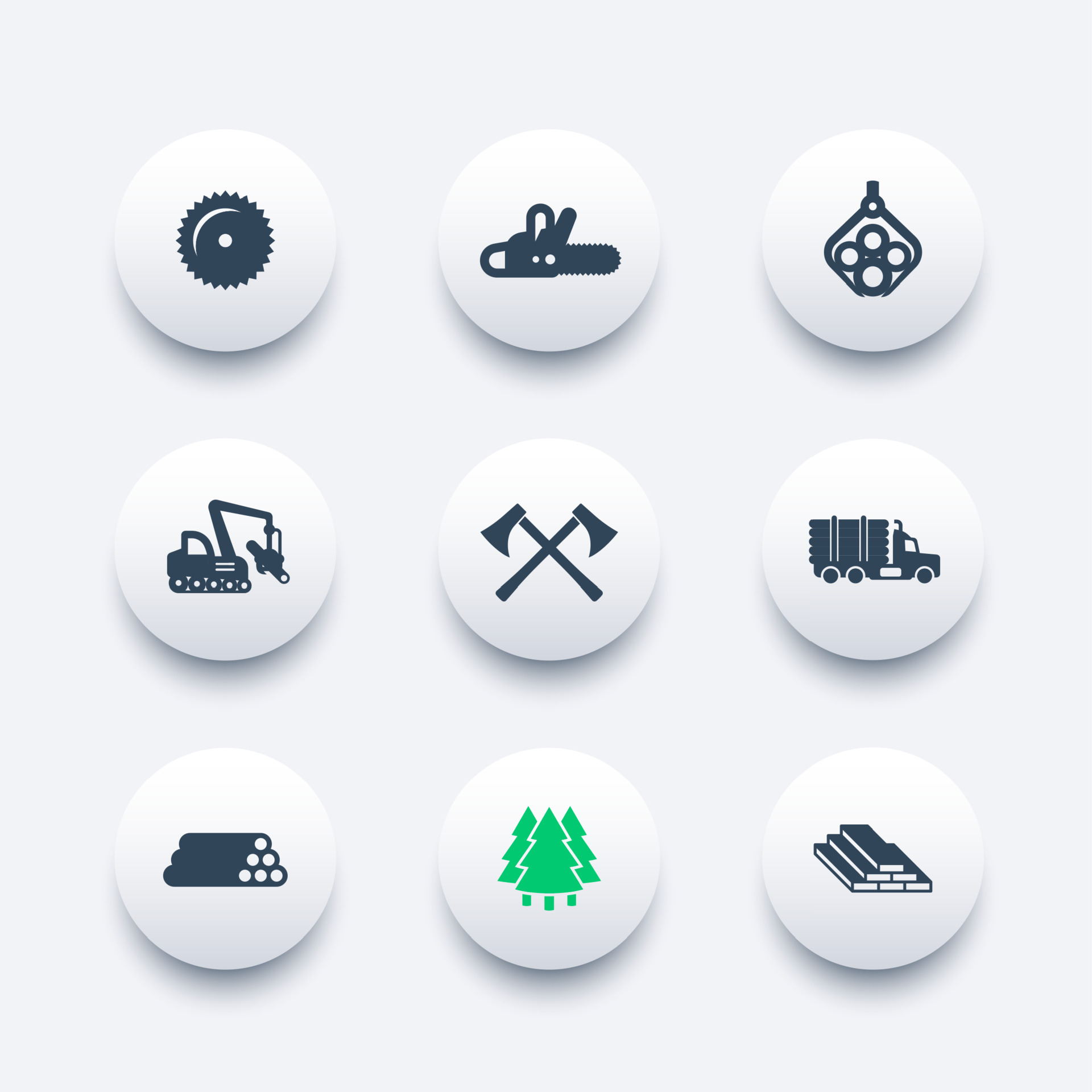 Logging icons, forestry equipment, sawmill, logging truck, tree ...