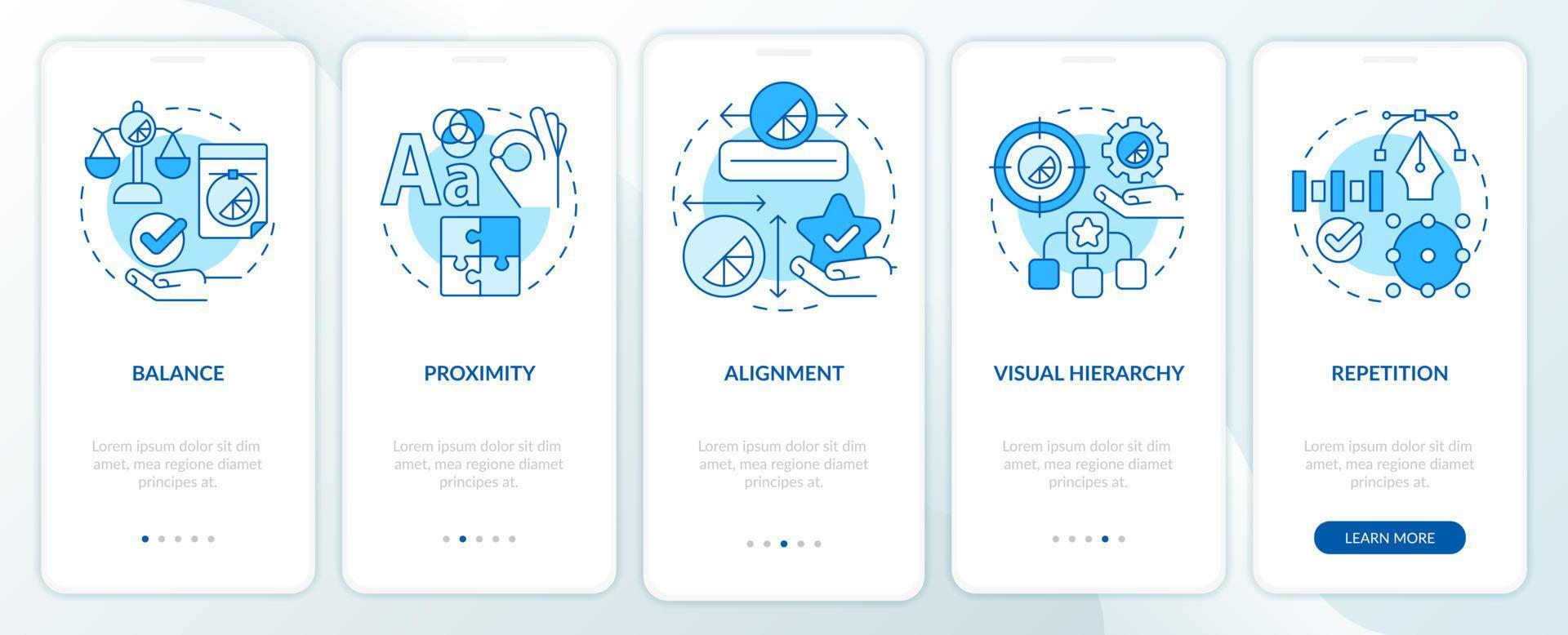 Graphic Design Principles Blue Onboarding Mobile App Screen Art Work Walkthrough 5 Steps