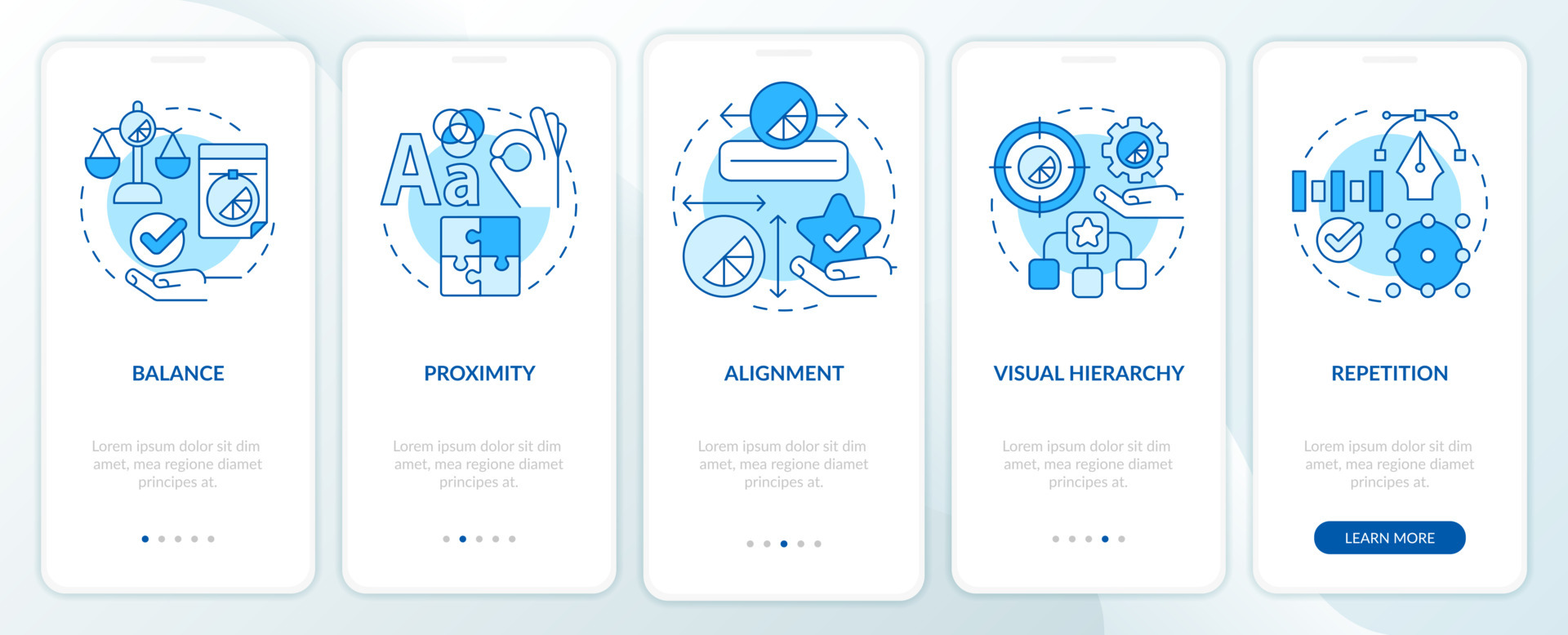Graphic design principles blue onboarding mobile app screen. Art work ...