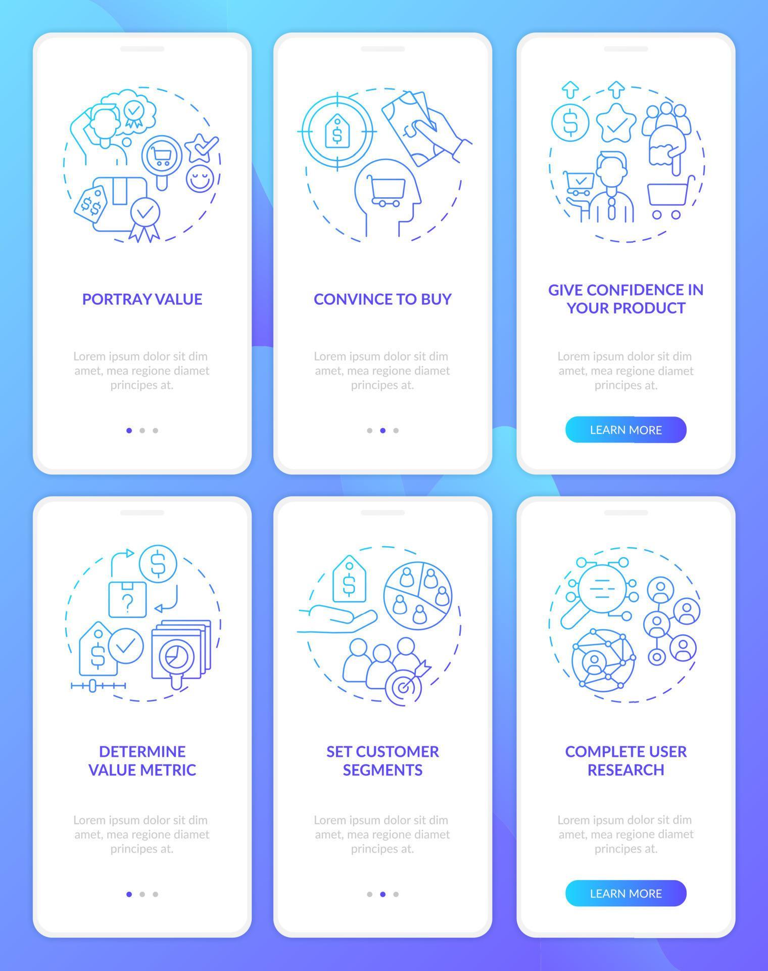 Determine Price Strategy Blue Gradient Onboarding Mobile App Screen Set Walkthrough 3 Steps