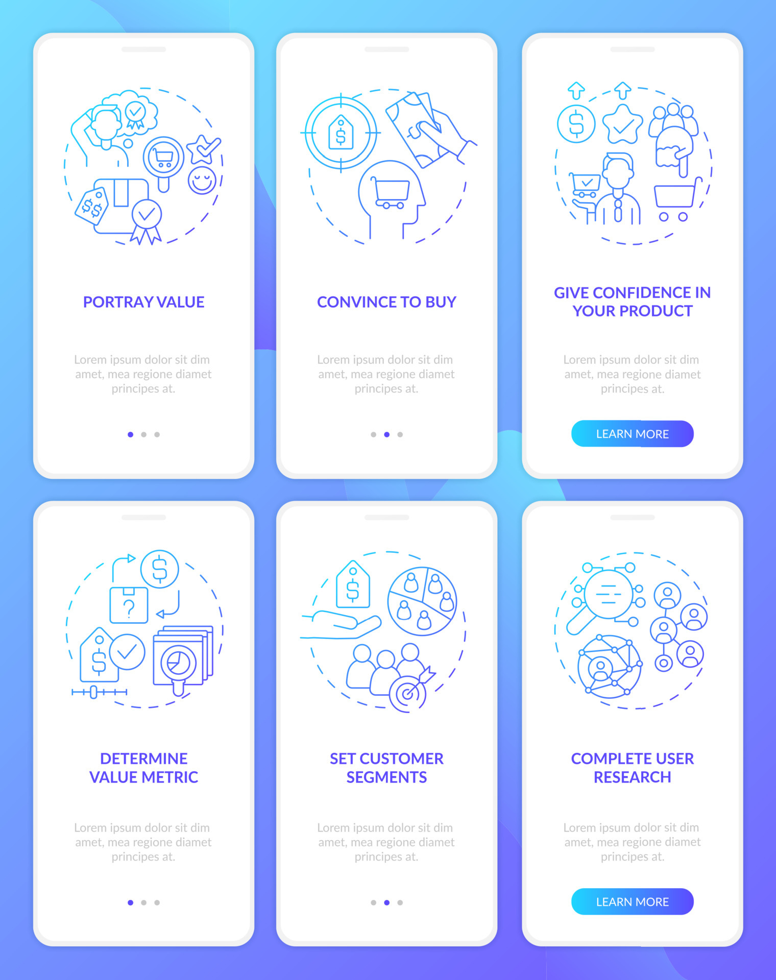 Determine Price Strategy Blue Gradient Onboarding Mobile App Screen Set Walkthrough 3 Steps