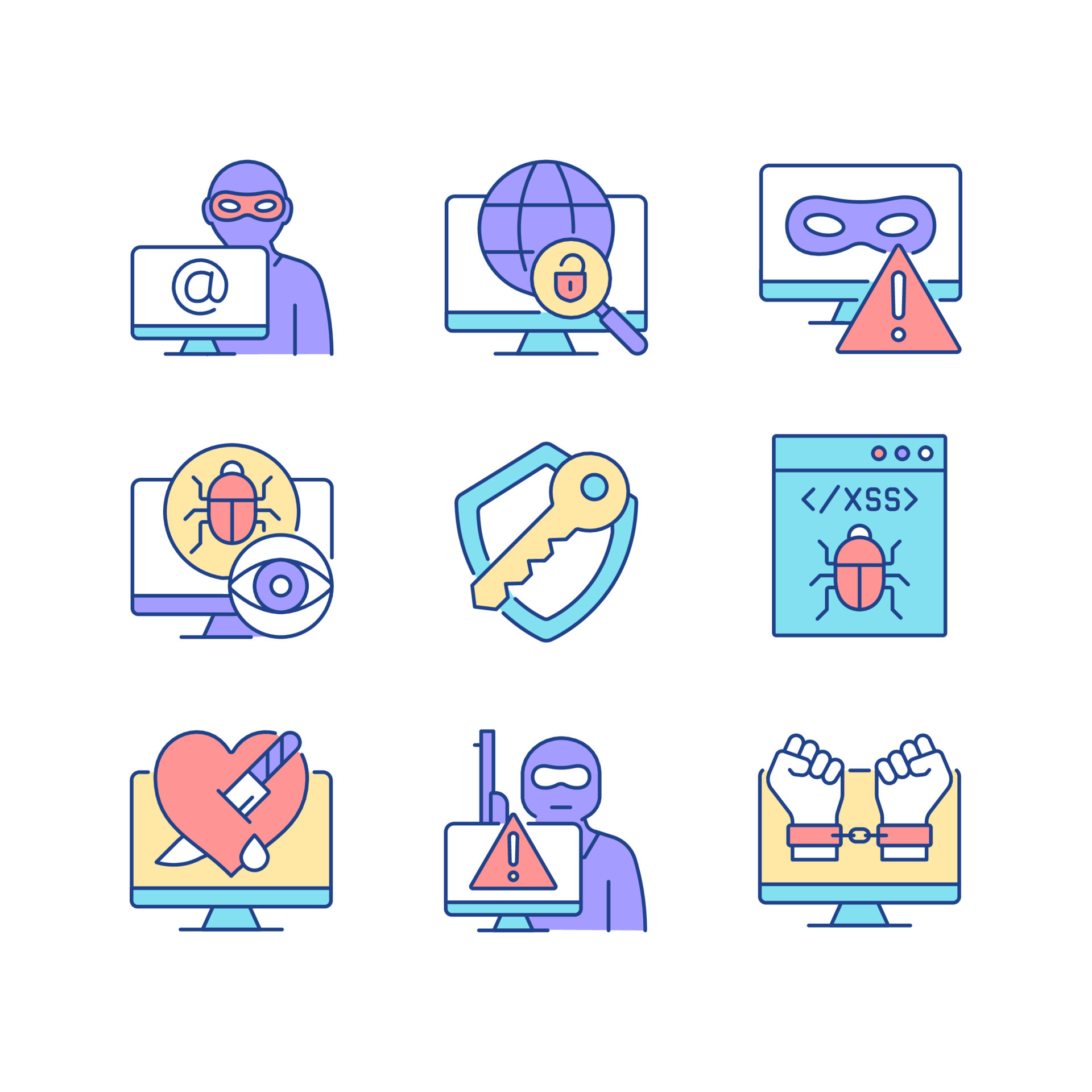 Cyber Attacks Types Rgb Color Icons Set Network Crash Cybercrime Cybersecurity Spyware And