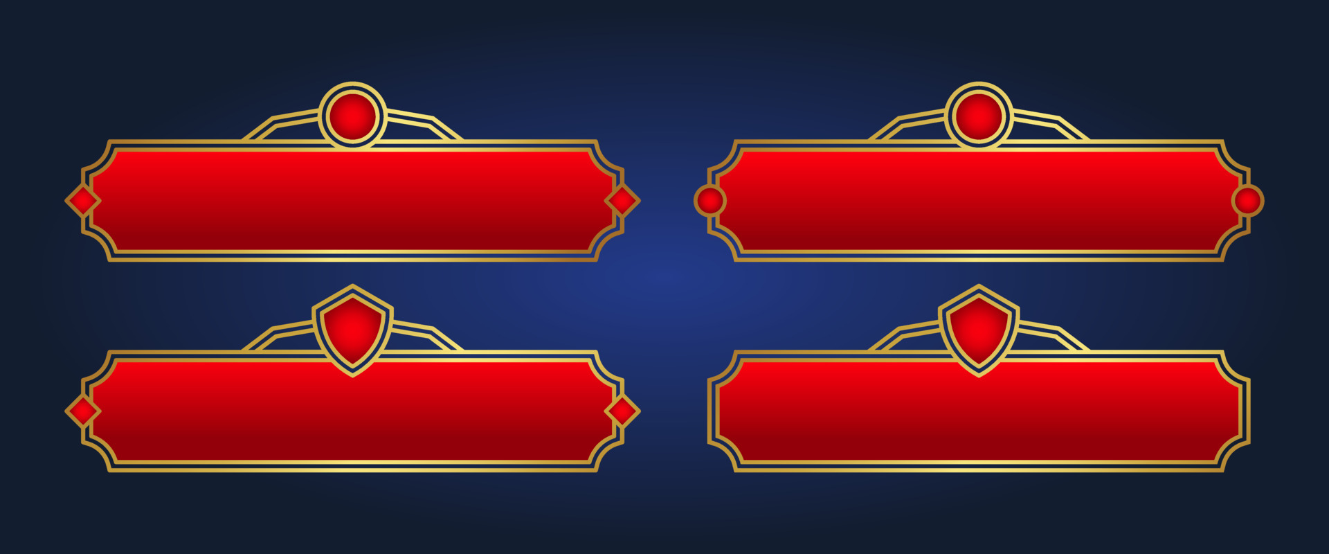 Medieval buttons, ui game menu elements, red oblong banners and gold ornate rims. empty royal ...
