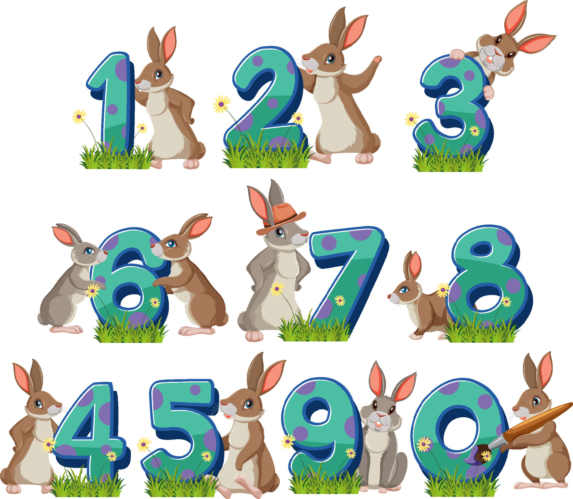 Set of different rabbit holding the numbers isolated on white ...