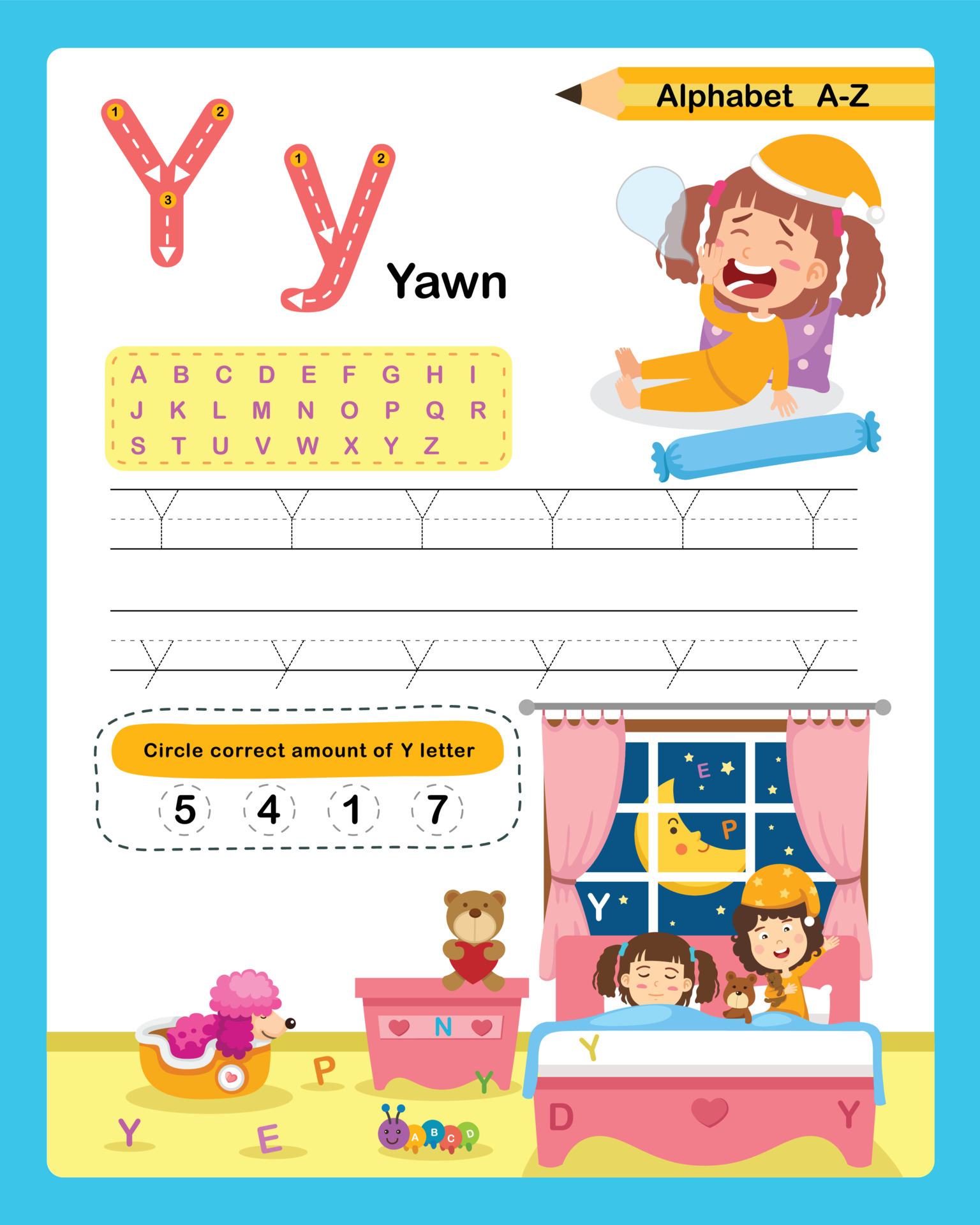 Alphabet Letter Y - Yawn exercise with cartoon vocabulary illustration ...