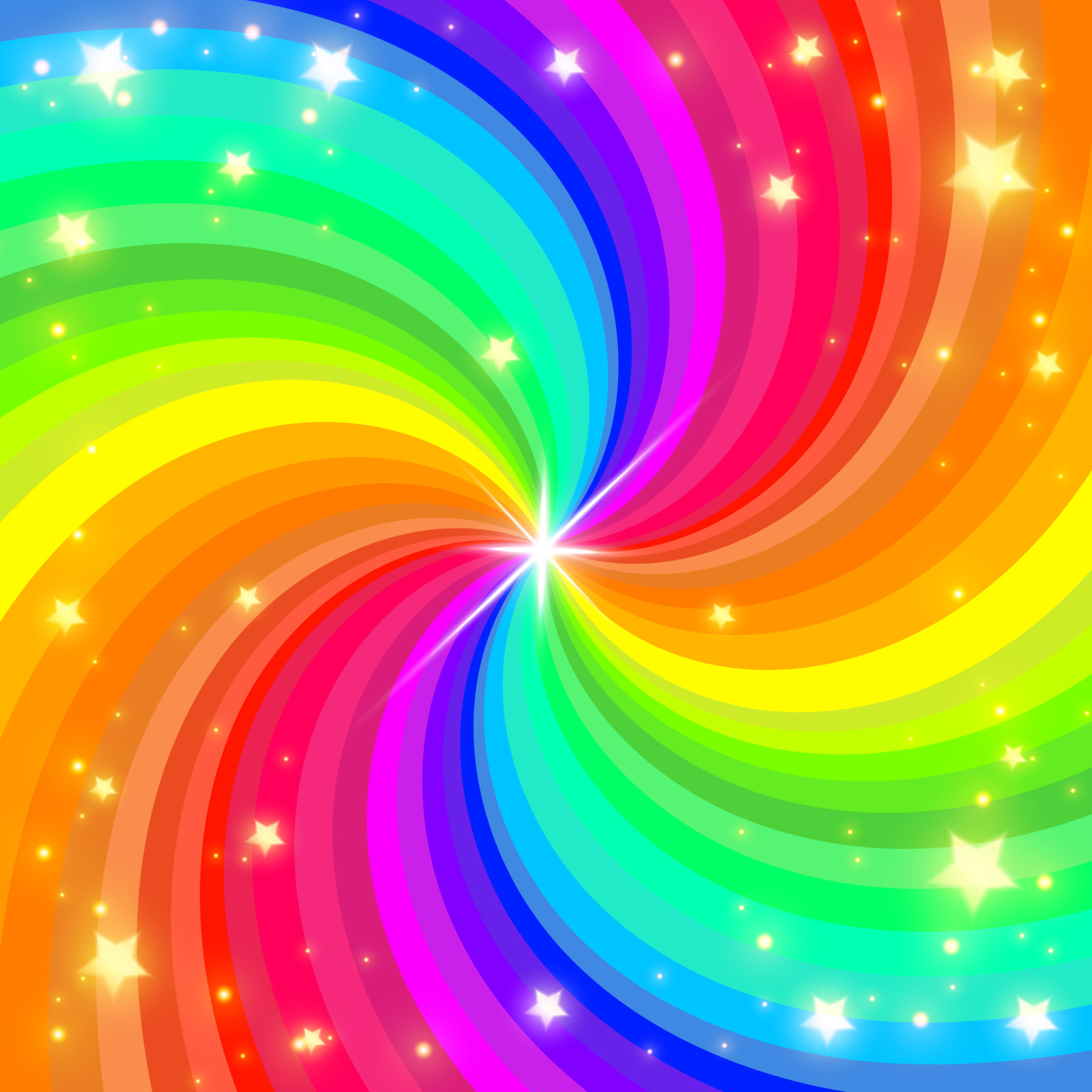 Rainbow swirl background with stars. Radial gradient rainbow of twisted ...