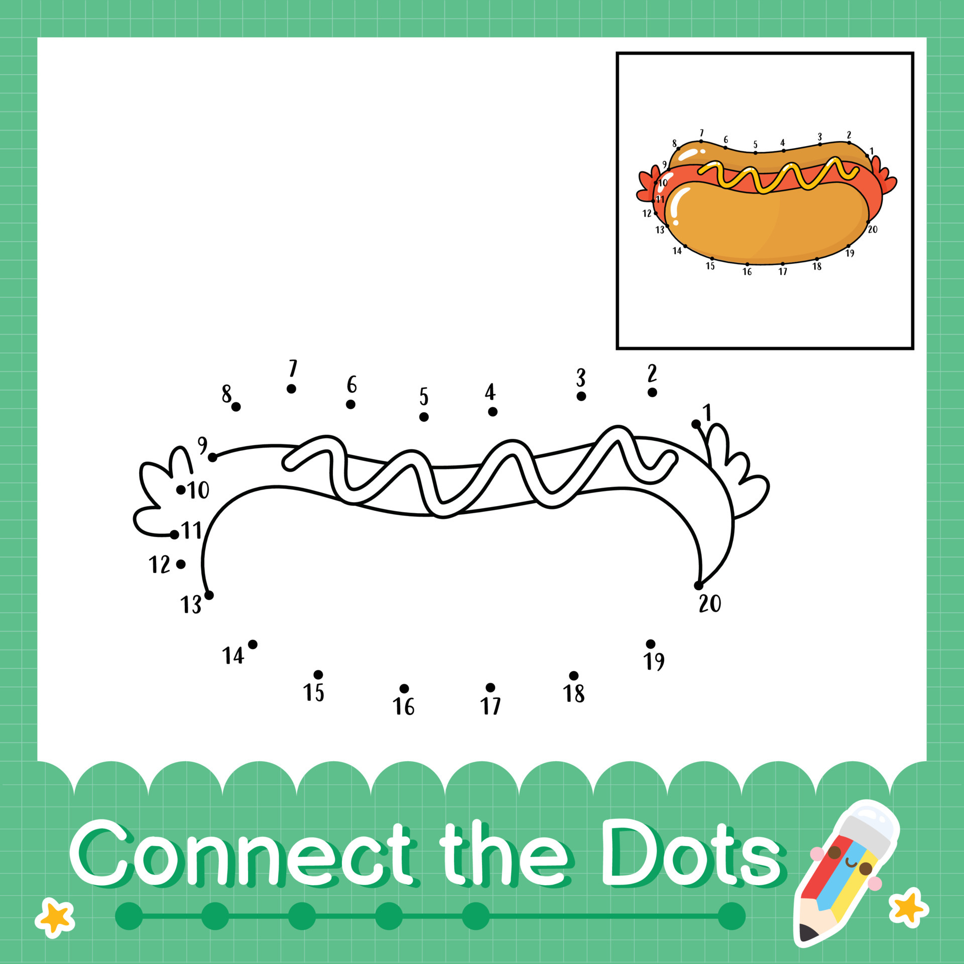 Connect the dots counting numbers 1 to 20 puzzle worksheet with hotdog ...