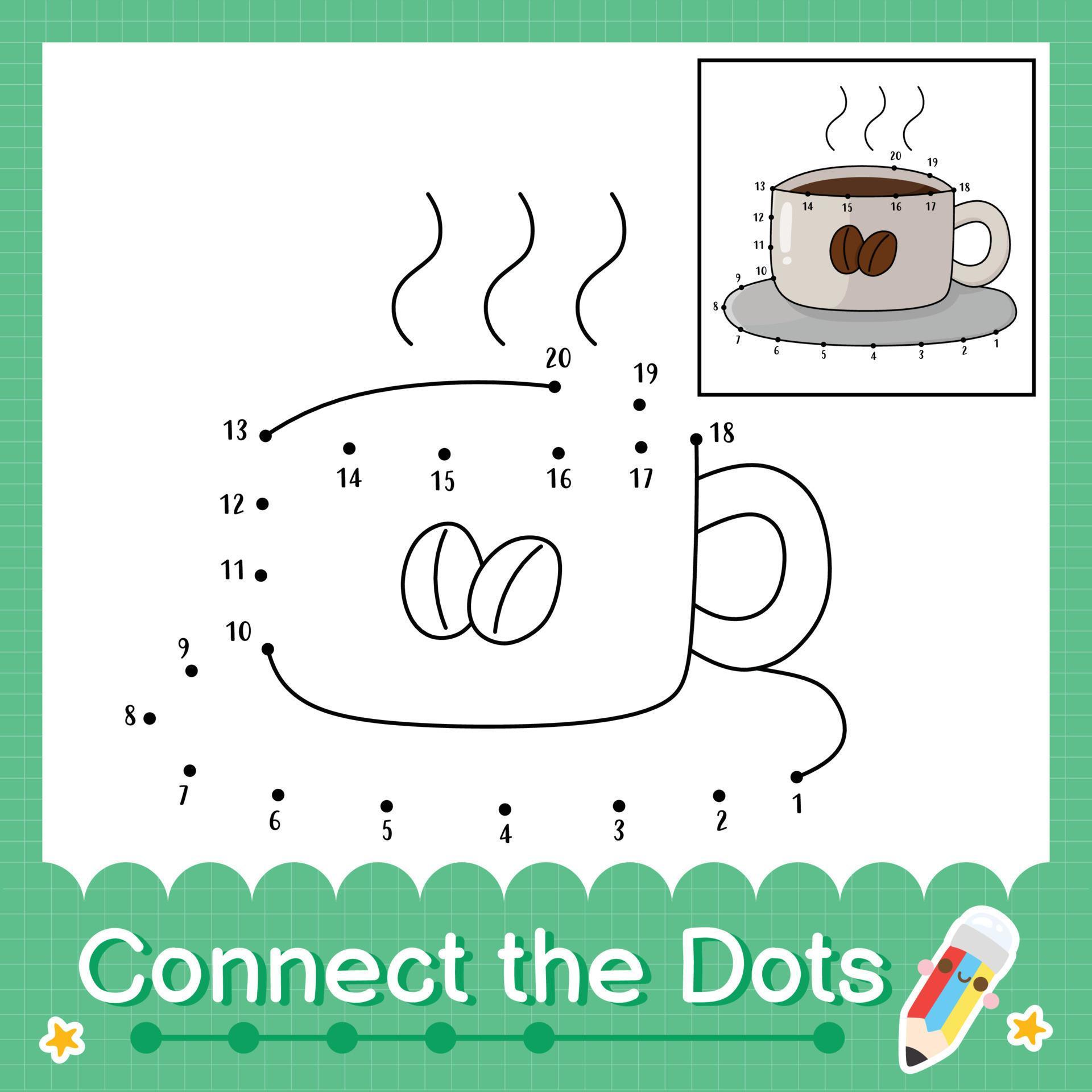 Connect the dots counting numbers 1 to 20 puzzle worksheet with coffee ...