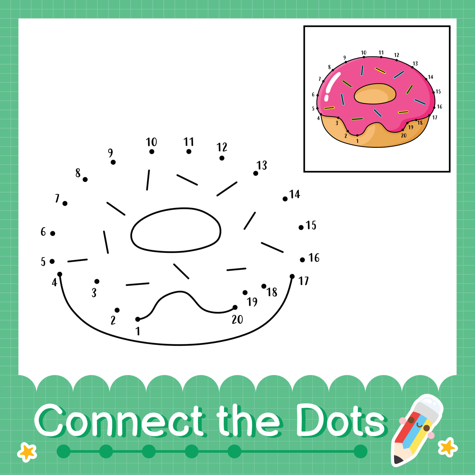 Connect the dots counting numbers 1 to 20 puzzle worksheet with donut ...