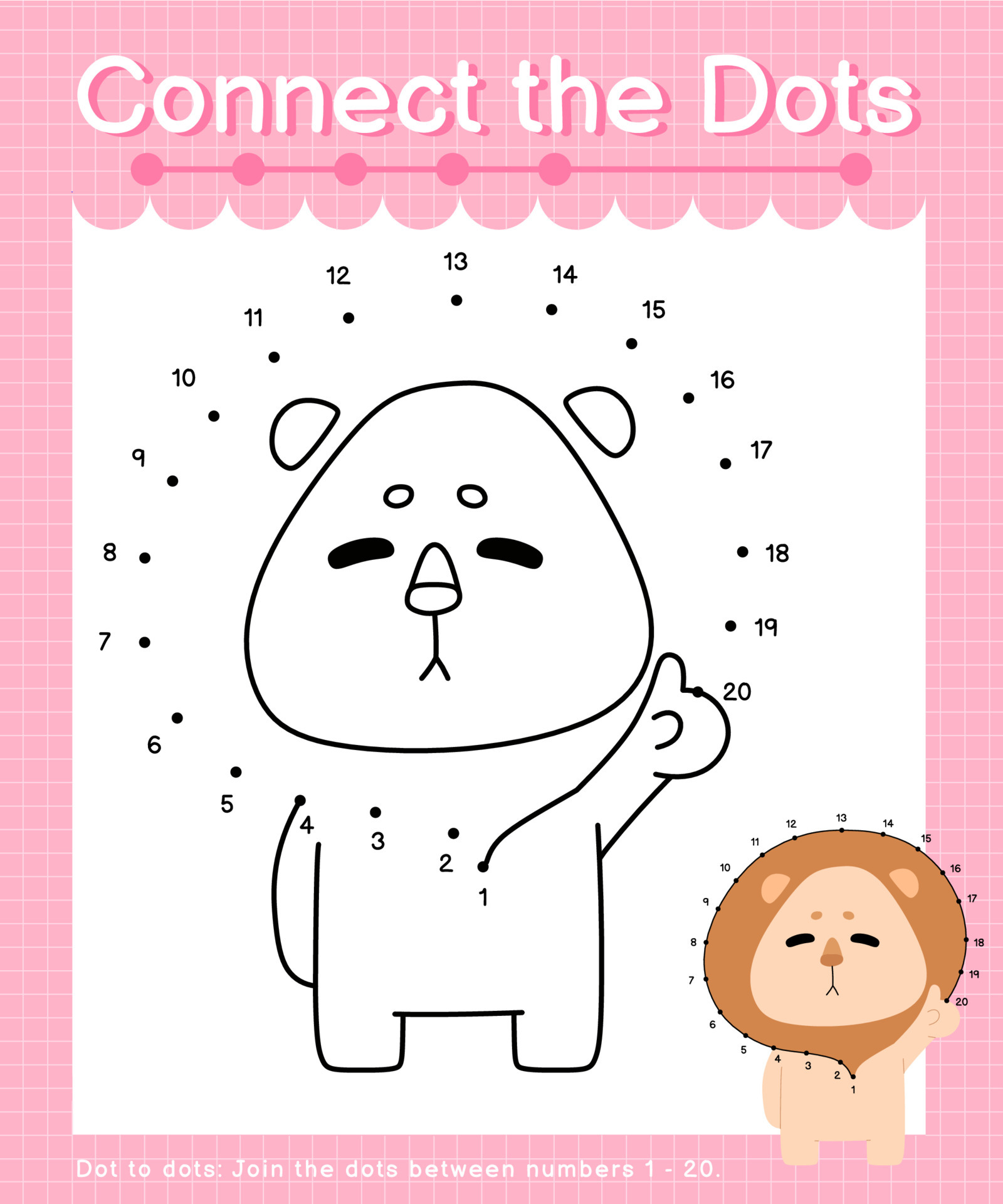 Connect the dots counting numbers 1 to 20 puzzle worksheet with cute ...