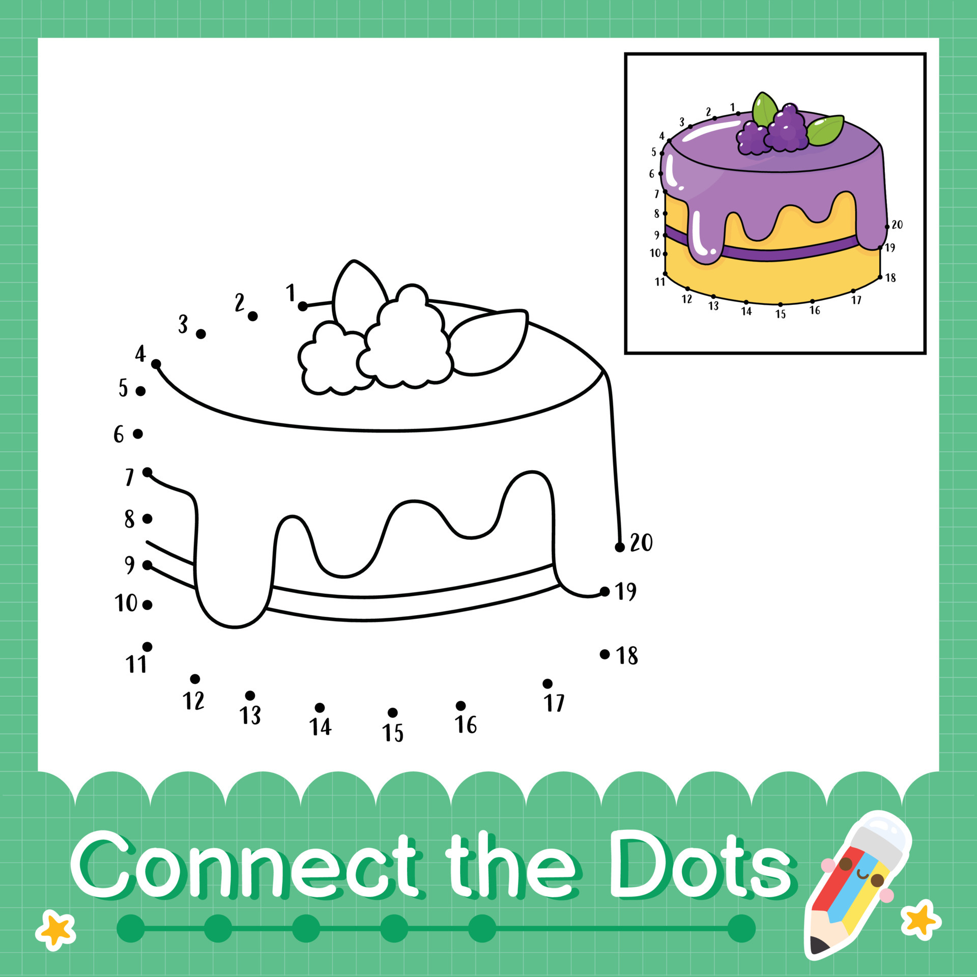 Connect the dots counting numbers 1 to 20 puzzle worksheet with cake ...