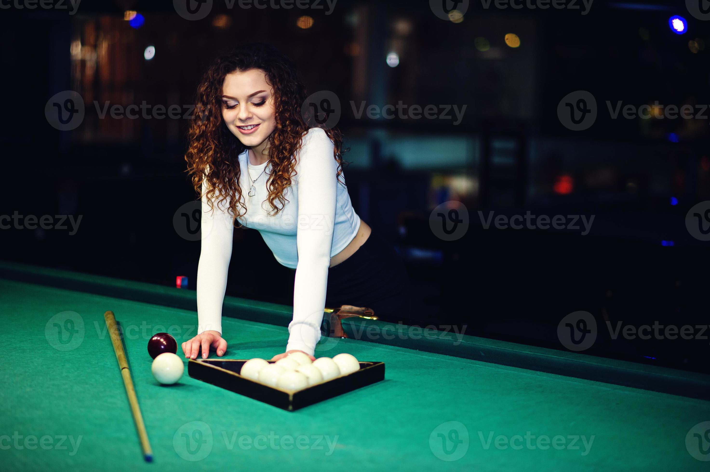 Young Curly Girl Posed Near Billiard Table Sexy Model At Black Mini