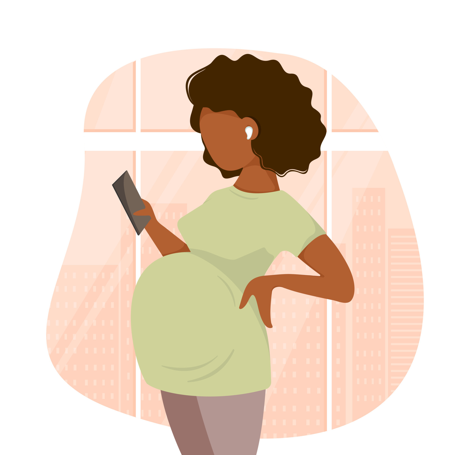 Cute Cartoon Dark Skinned Pregnant Woman In Pants And T Shirt Listens To Music With Headphones